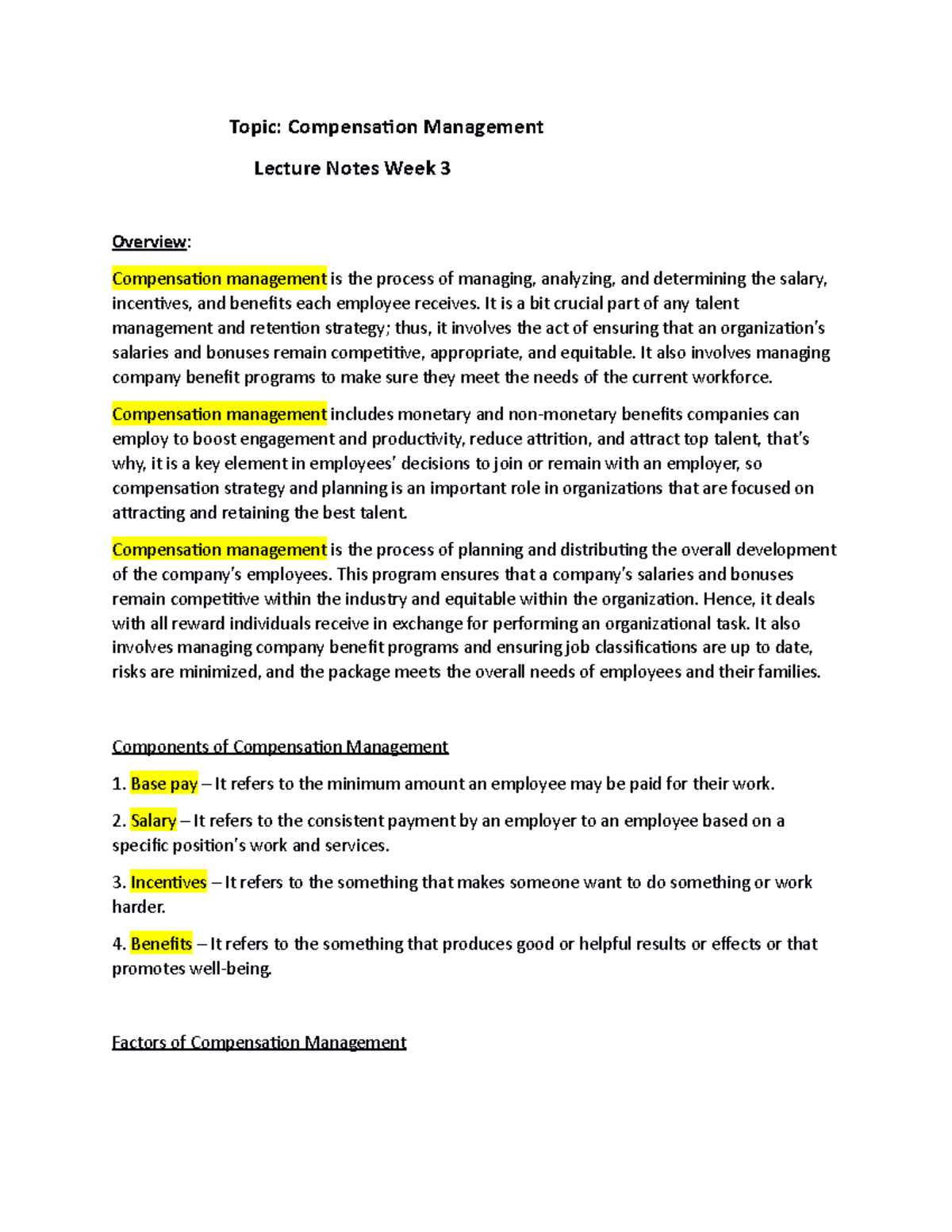 Compensation management - Topic: Compensation Management Lecture Notes ...
