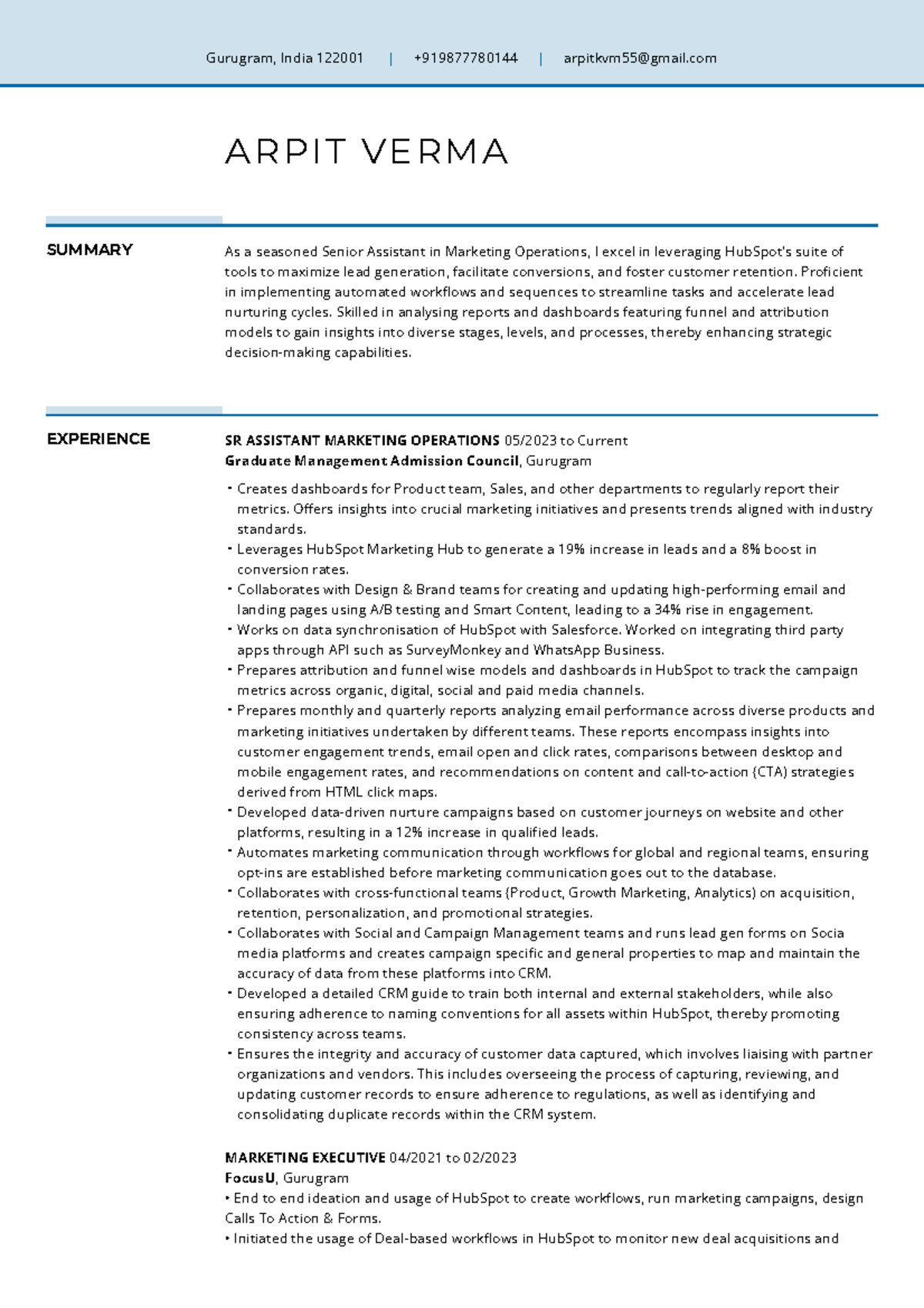 CV Arpit Verma asd - Gurugram, India 122001 | +919877780144 | arpitkvm55@gmail ARPIT VERMA As a ...