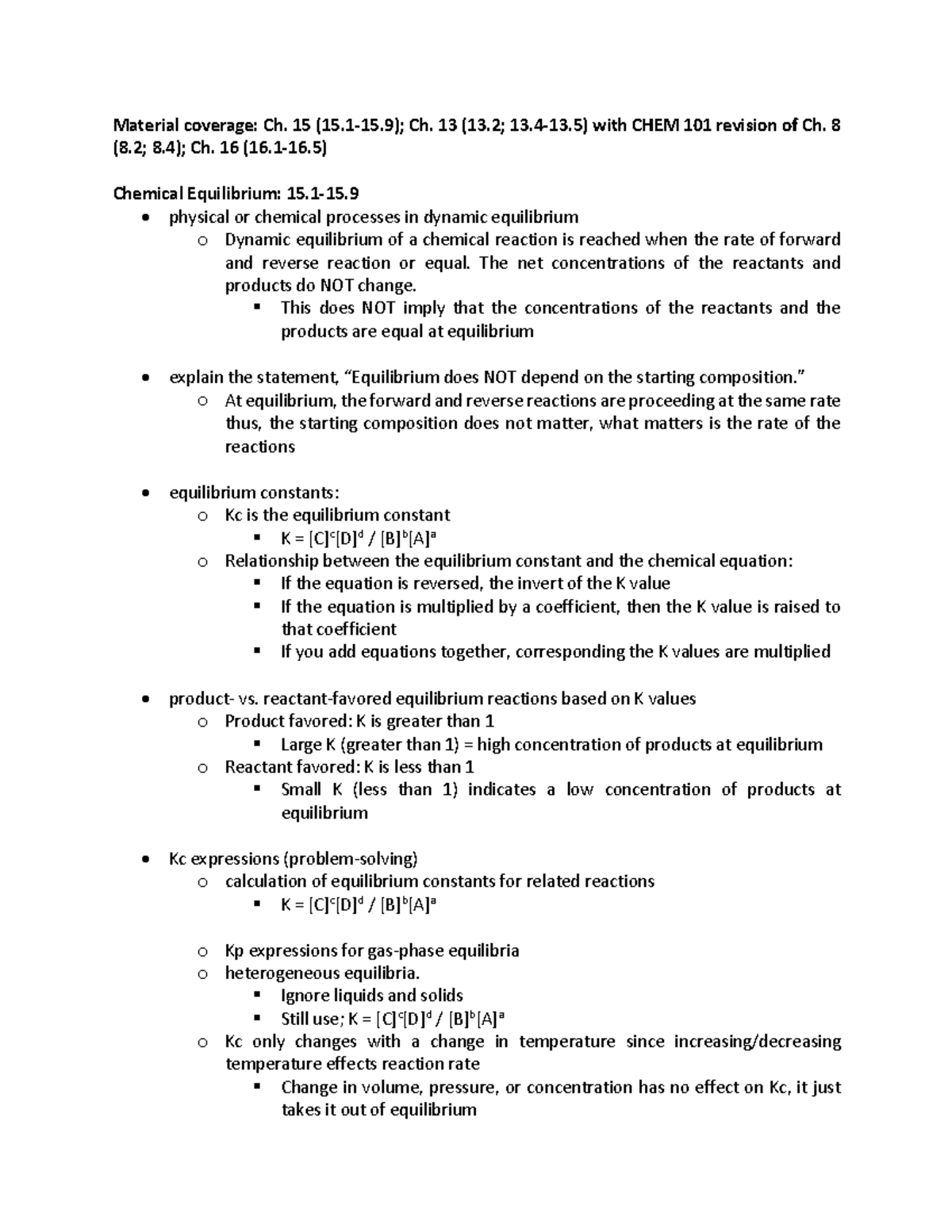 Exam 2 Review Chem 102 - Material coverage: Ch. 15 (15.1-15); Ch. 13 (13; 13.4-13) with CHEM 101 ...