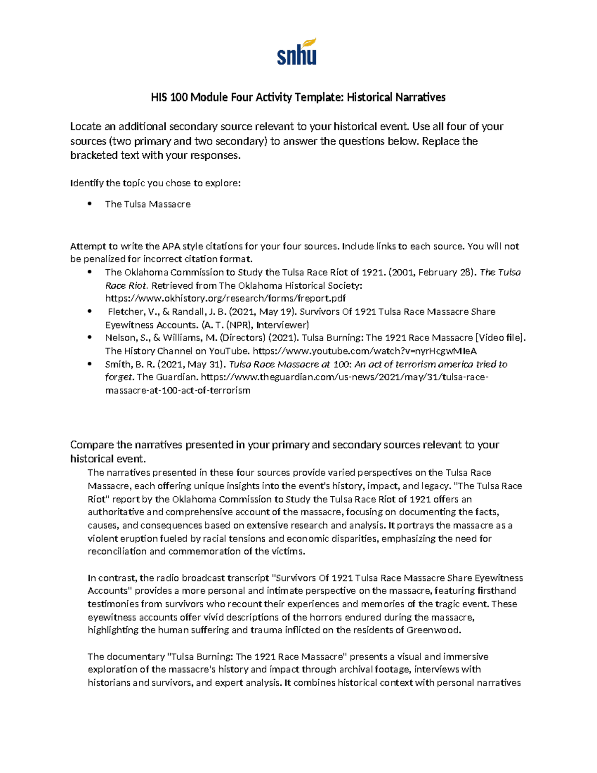 HIS 100 Module Four Activity Narratives Template - HIS 100 Module Four ...