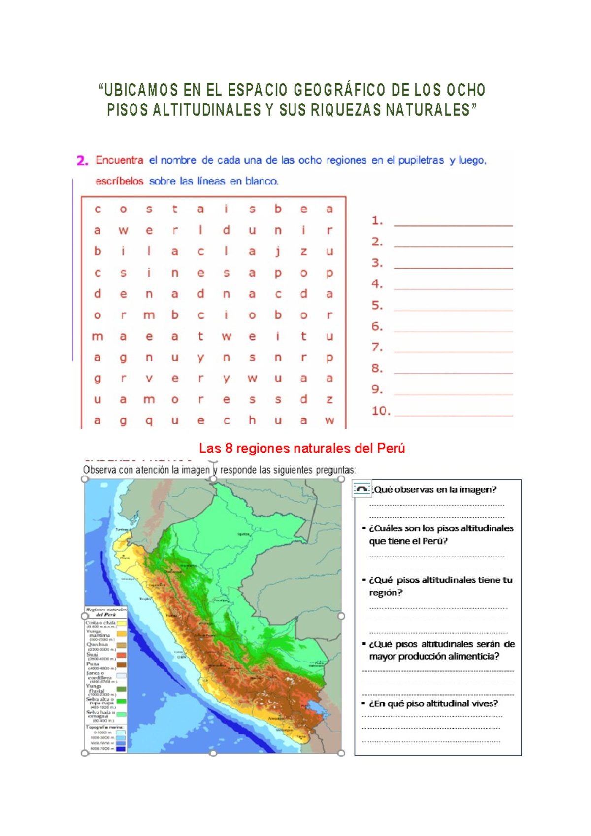 Las 8 regiones naturales del Perú ficha pratica - “U B IC A M O S E N E ...
