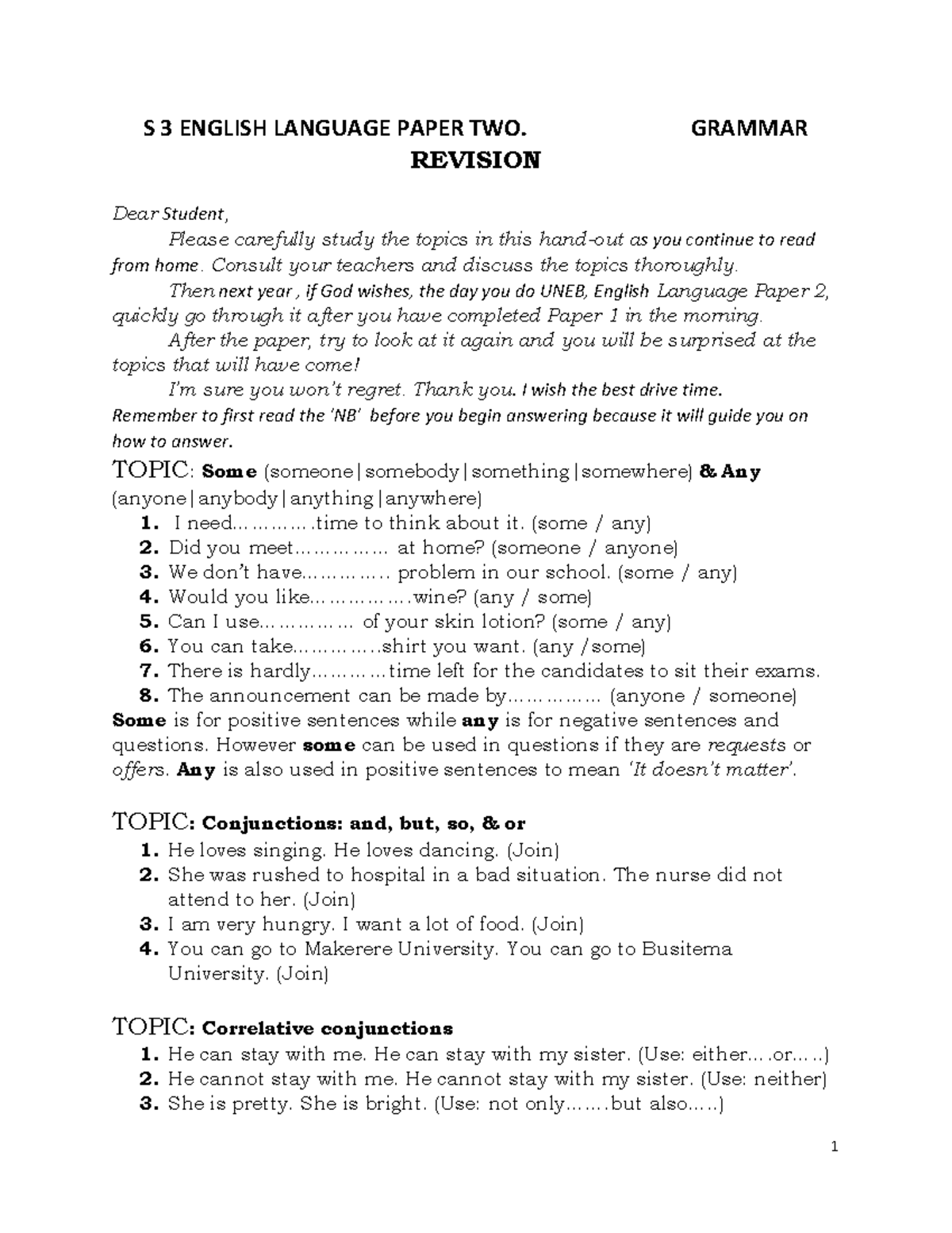 English Language paper two - S 3 ENGLISH LANGUAGE PAPER TWO. GRAMMAR ...