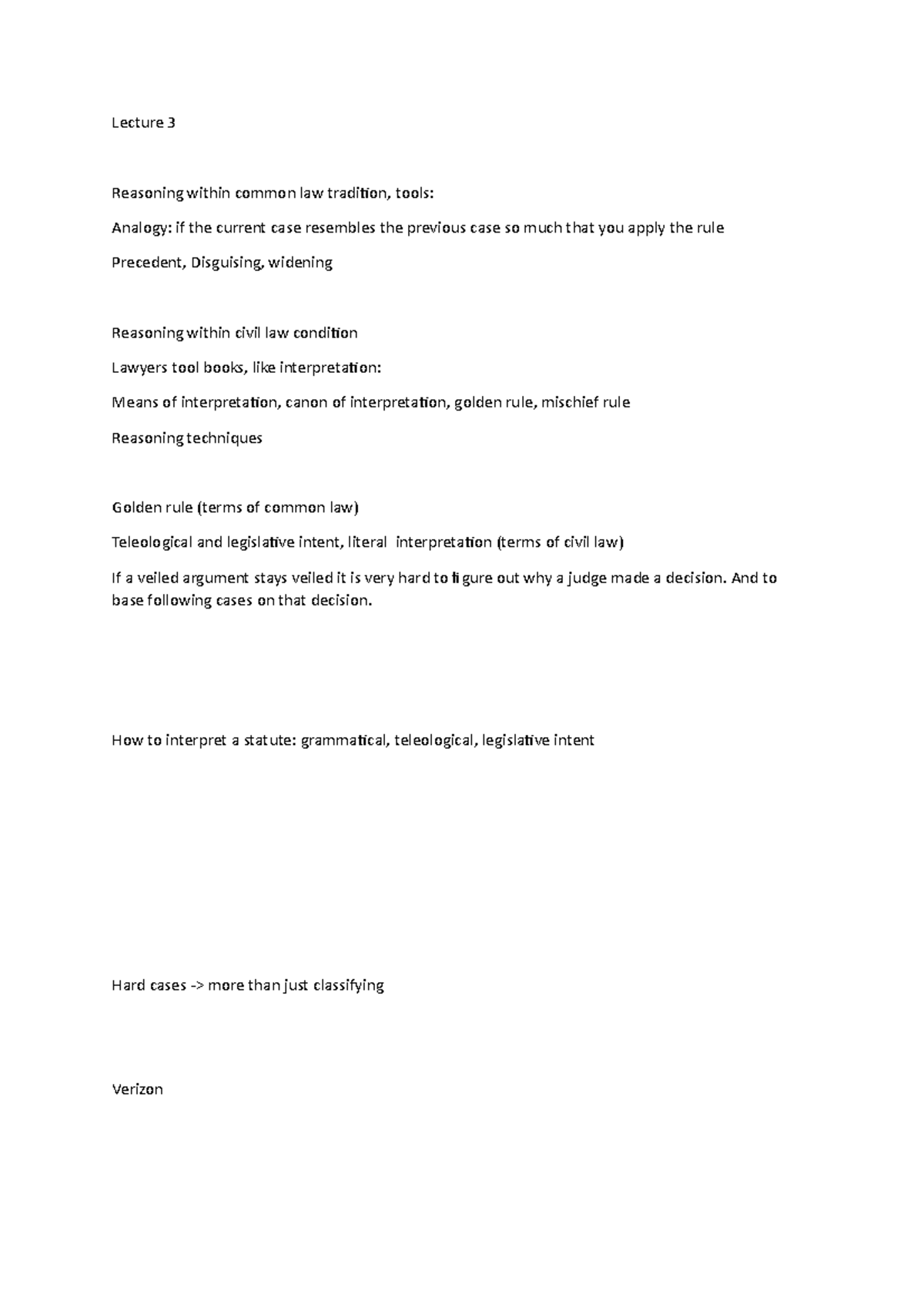 Lecture 3 Introduction to Law - Lecture 3 Reasoning within common law tradition, tools: Analogy ...