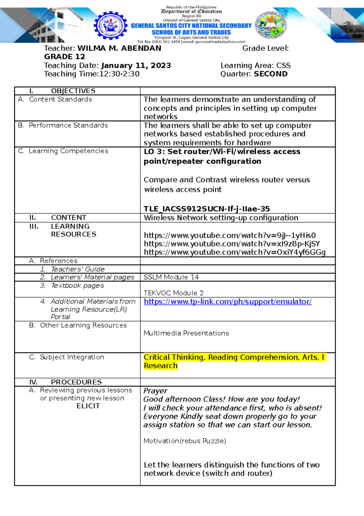 CSS-CO2-2022Final - Lesson Plan - Teacher: WILMA M. ABENDAN Grade Level: GRADE 12 Teaching Date ...