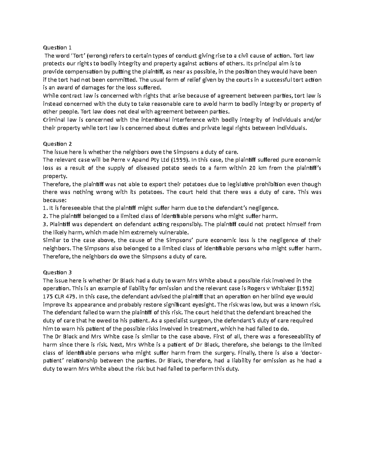 Scaffold exercise 8 (Week 9) - Question 1 The word ‘Tort’ (wrong) refers to certain types of ...