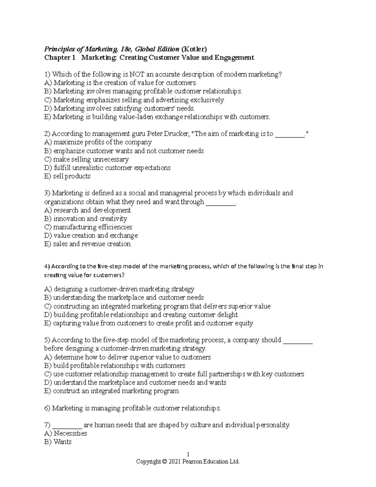 Multiple choice questions - Chapter 1 - Principles of Marketing, 18e ...