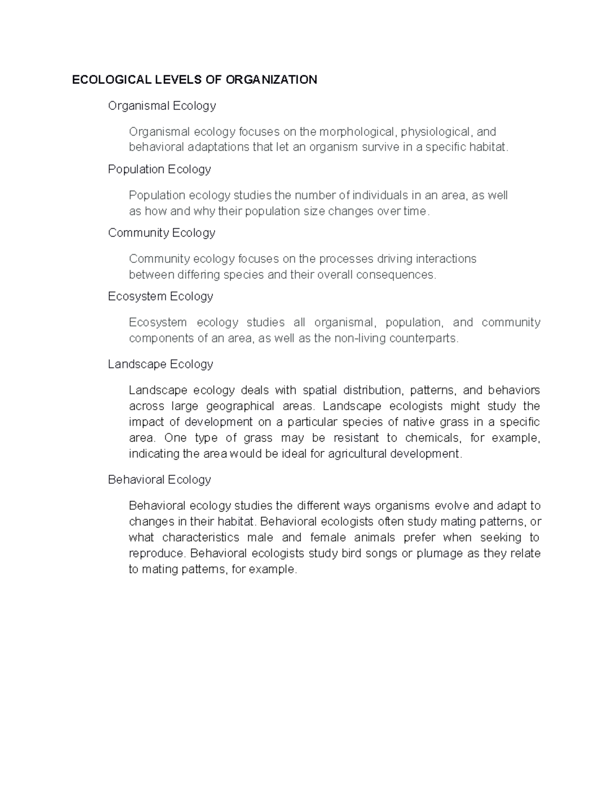 Eco1 - bio - ECOLOGICAL LEVELS OF ORGANIZATION Organismal Ecology ...