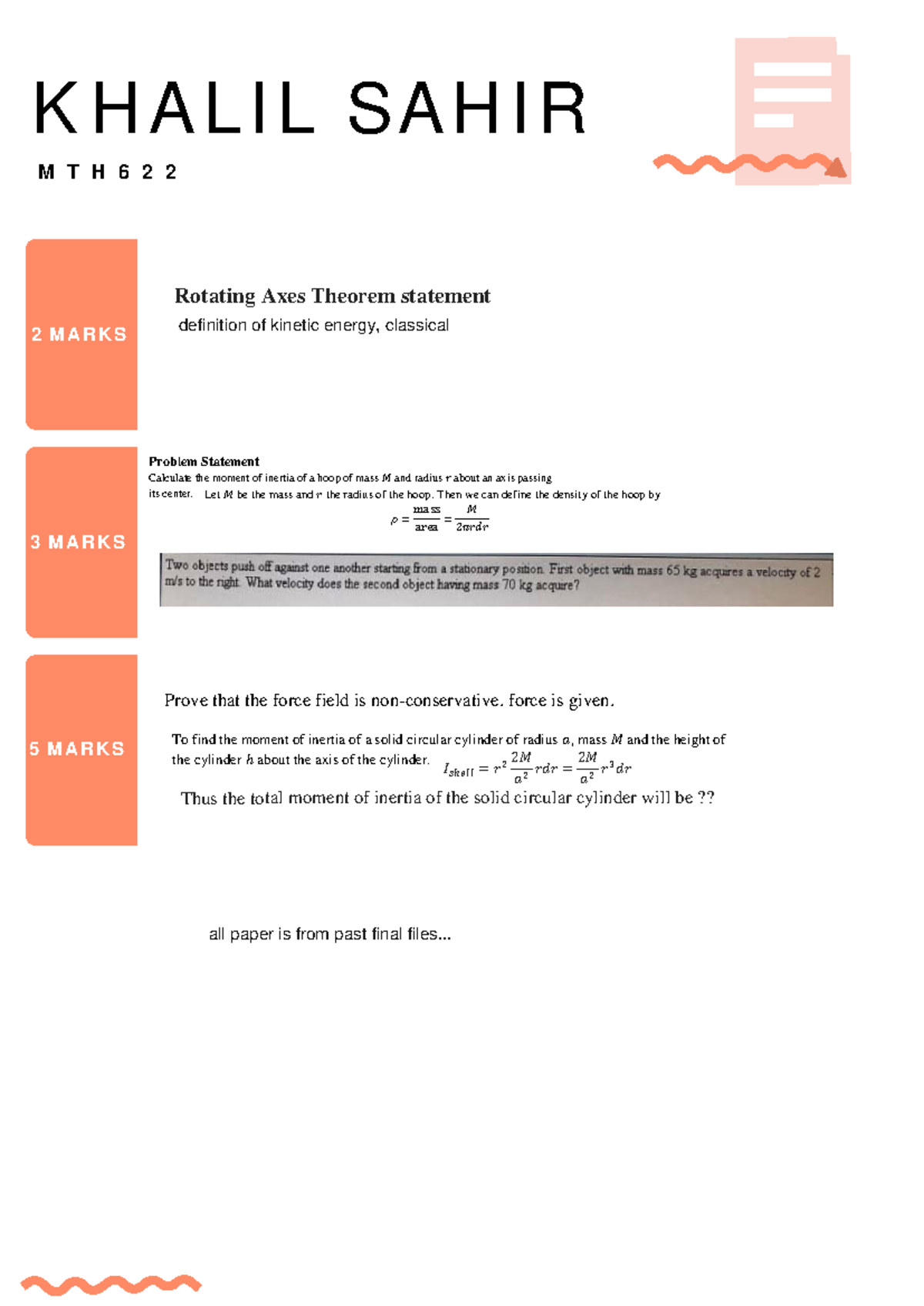 MTH622 Final Paper OF Khalil Sahir 2021 - 2 M A R K S 3 M A R K S 5 M A ...