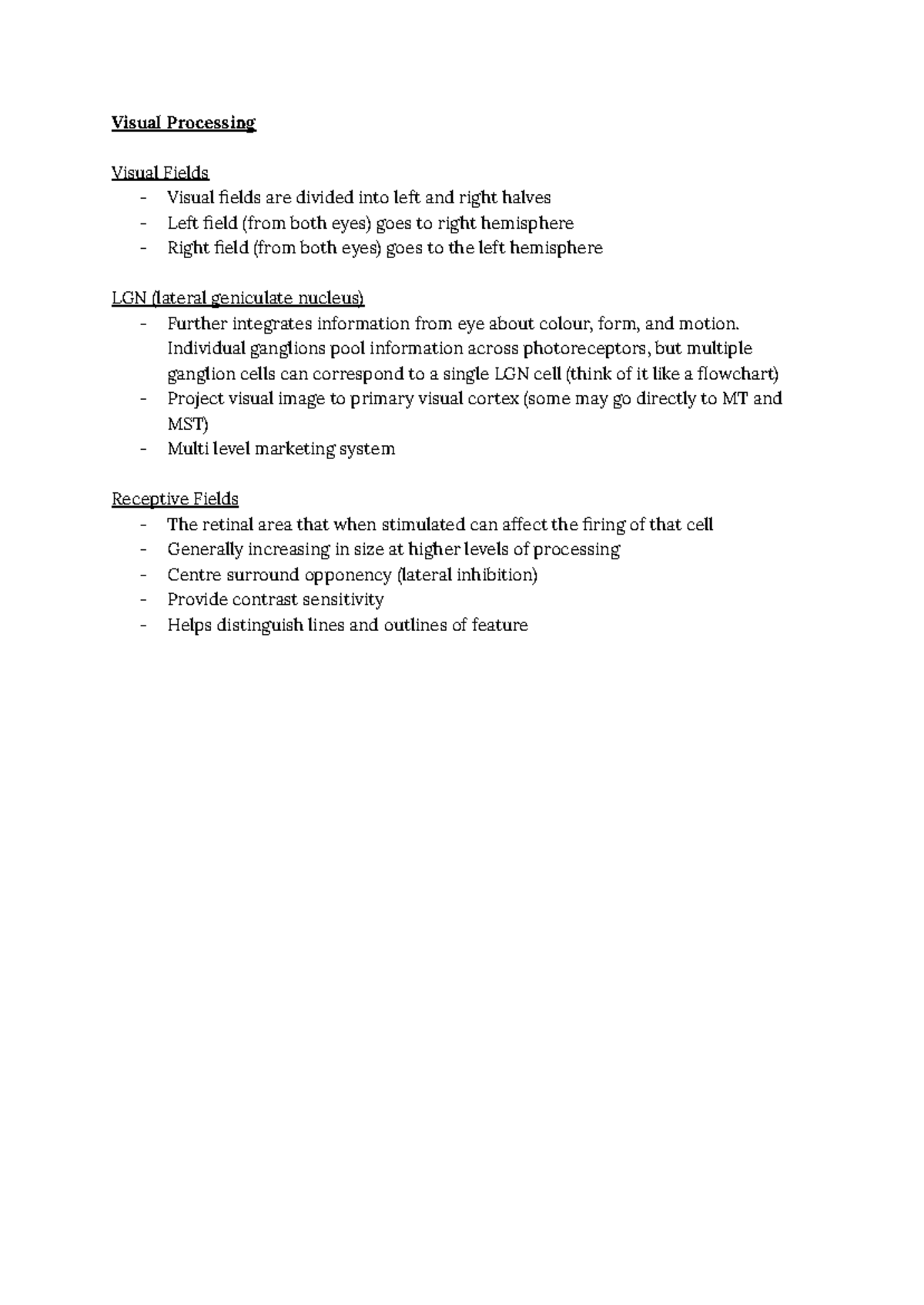 Visual Processing Notes - Visual Processing Visual Fields - Visual ...