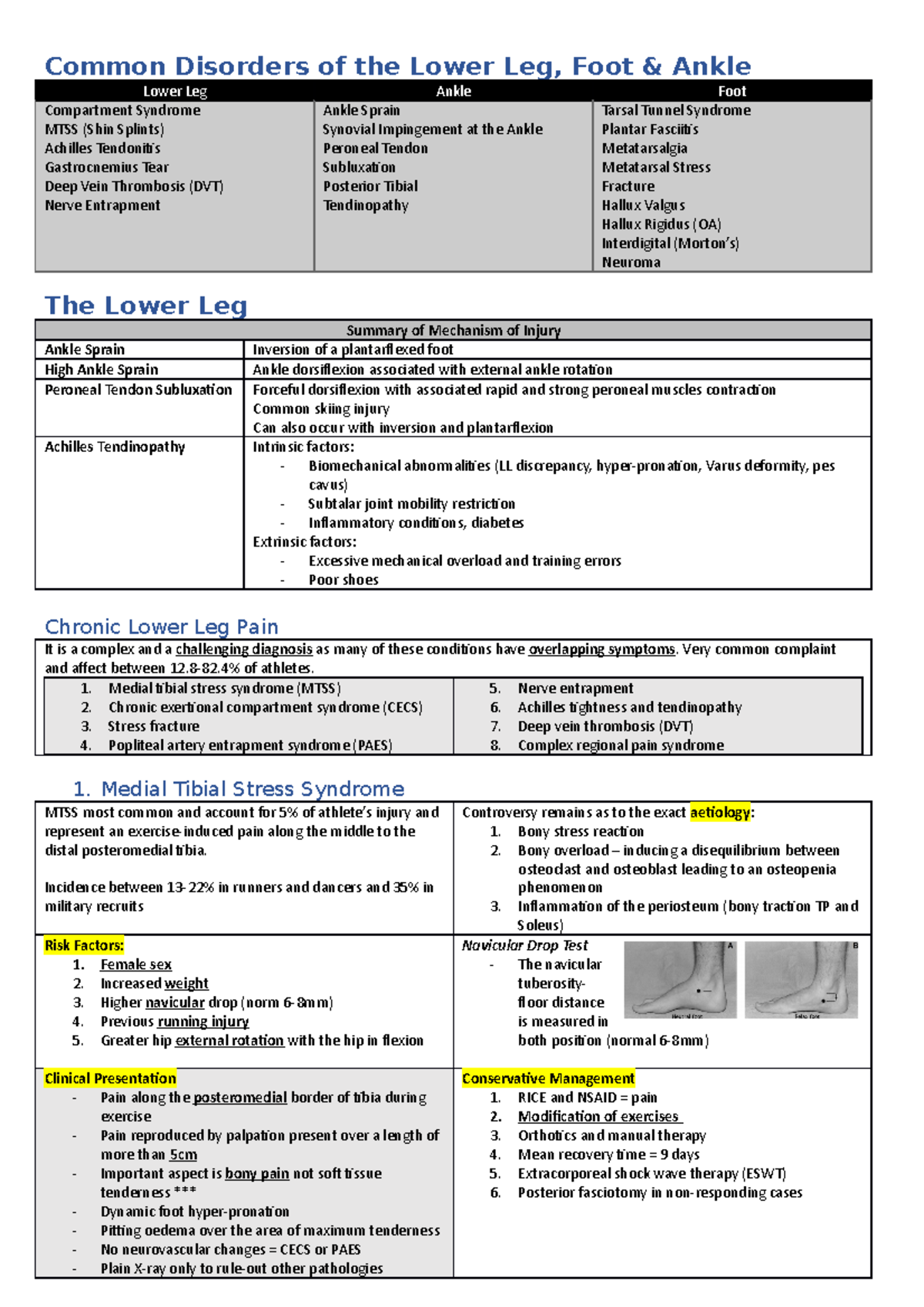 Lower Leg, Ankle & Foot Notes - Common Disorders of the Lower Leg, Foot ...