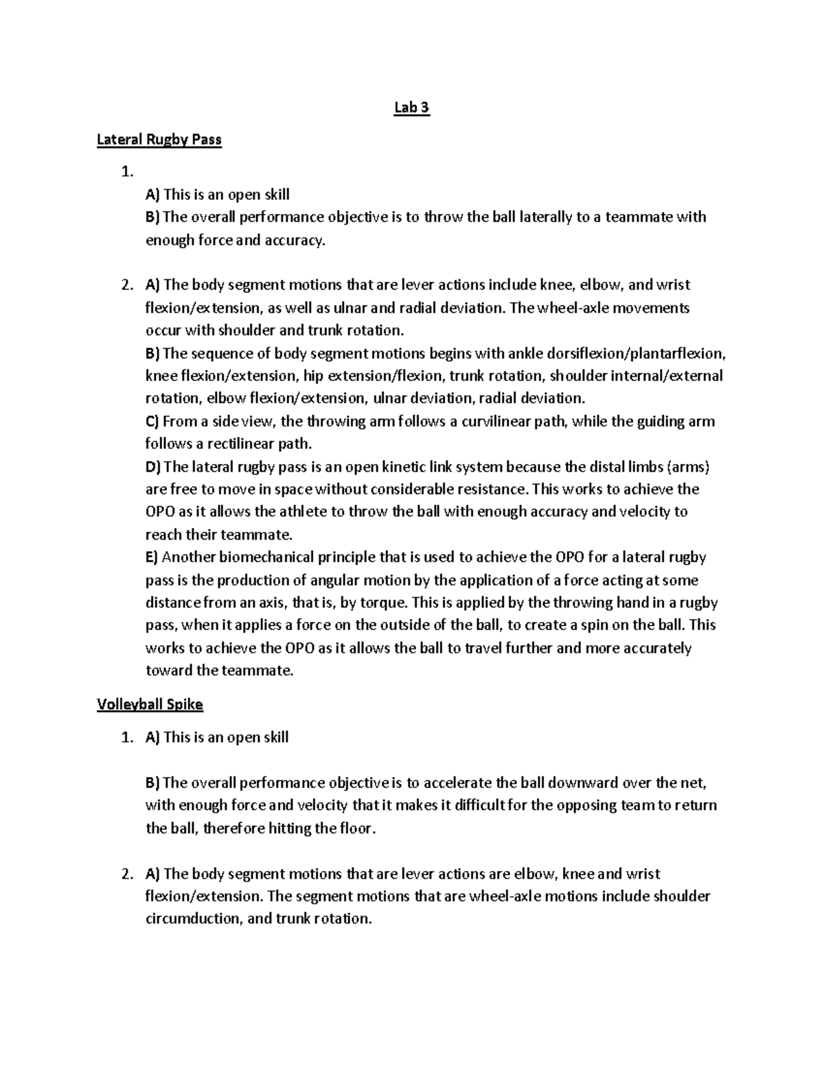 Biomechanics 2241 Lab 3 - Lab 3 Lateral Rugby Pass A) This is an open ...