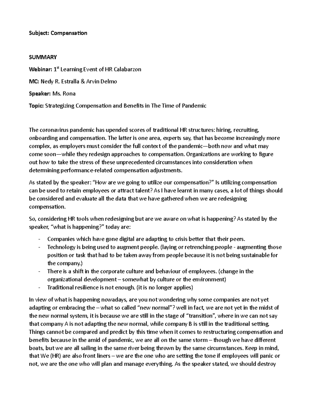 ESSAY IN Compensation FOR HUMAN RESOURCE MANAGEMENT - Subject ...