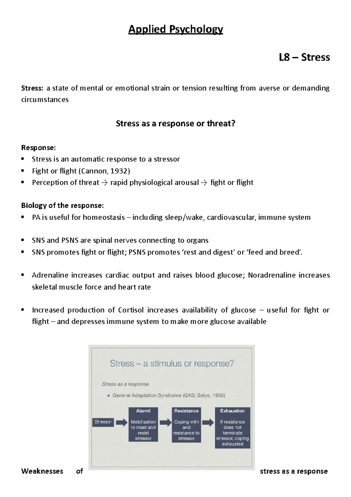 N8 – Stress - Lecture notes 8 - Applied Psychology L8 – Stress Stress ...