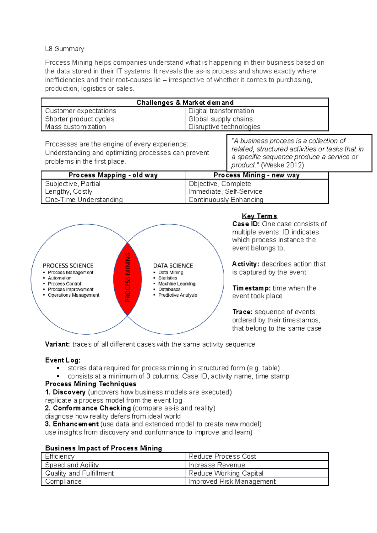 L8 Summary IS 301 - L8 Summary Process Mining helps companies understand what is happening in ...