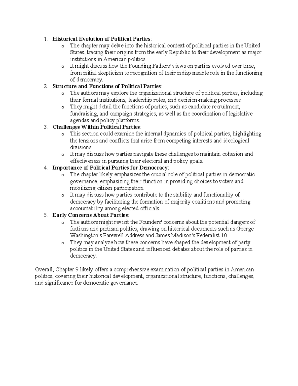 Chapter 9 - 1. Historical Evolution of Political Parties: o The chapter ...