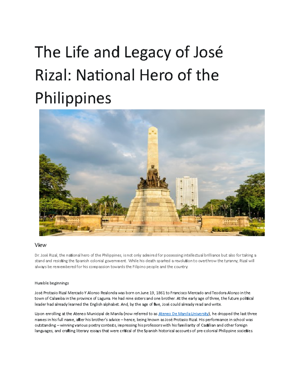 National Hero of the Philippines - The Life and Legacy of José Rizal: National Hero of the - Studocu