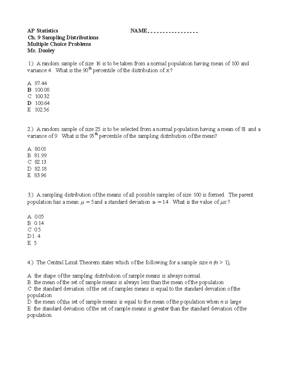 Sampling Distributions 1 - AP Statistics Ch. 9 Sampling Distributions ...