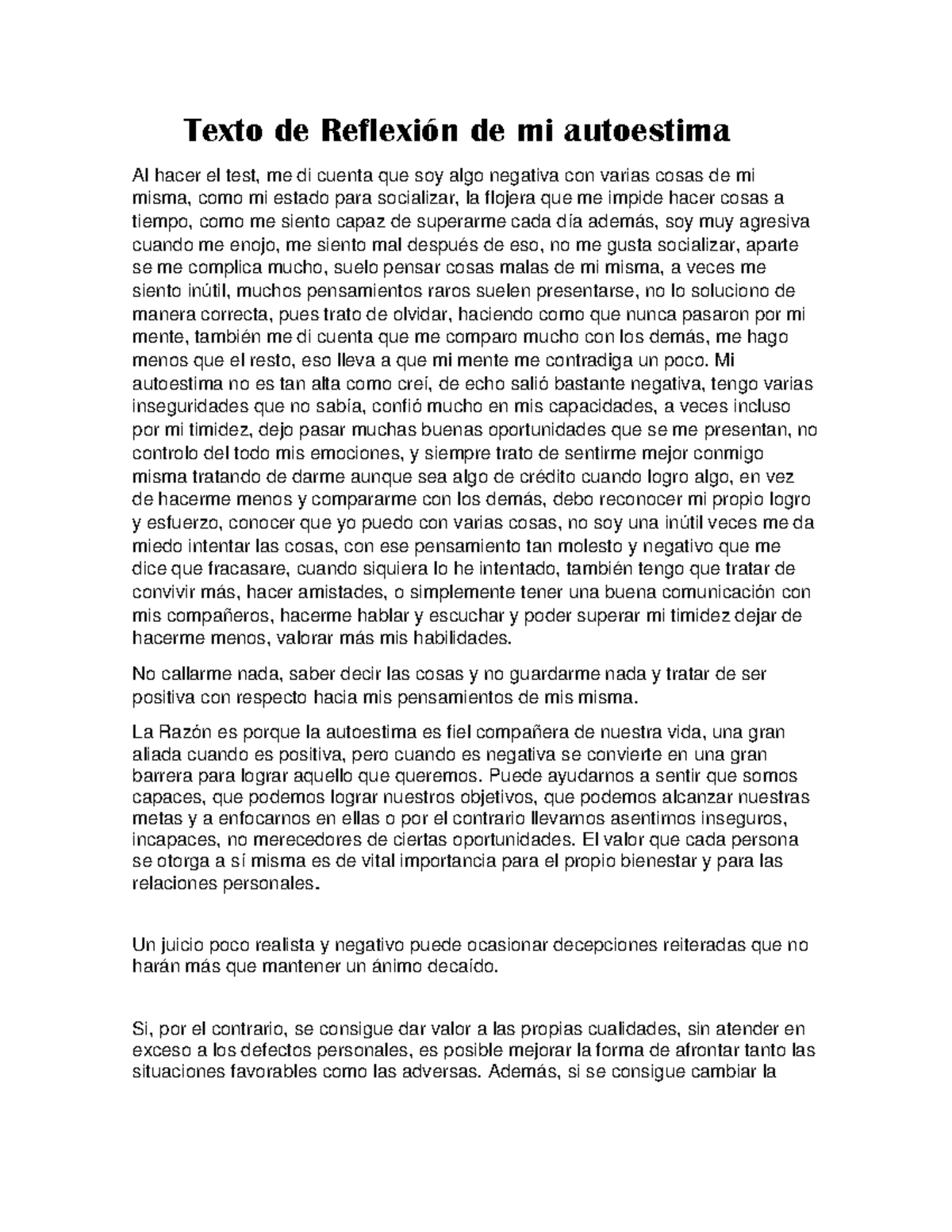 Texto de Reflexión de mi autoestima - Texto de Reflexión de mi ...