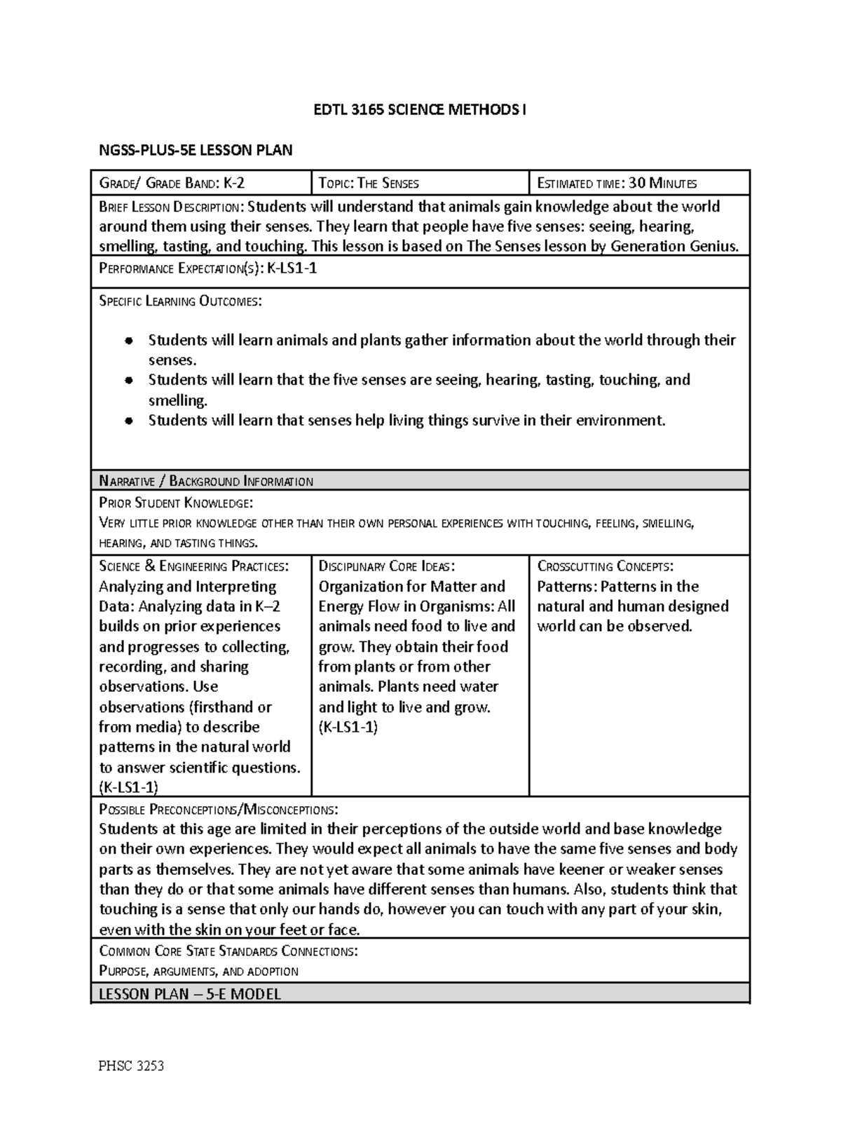 NGSS-plus-5E Lesson Plan - EDTL 3165 SCIENCE METHODS I NGSS-PLUS-5E ...