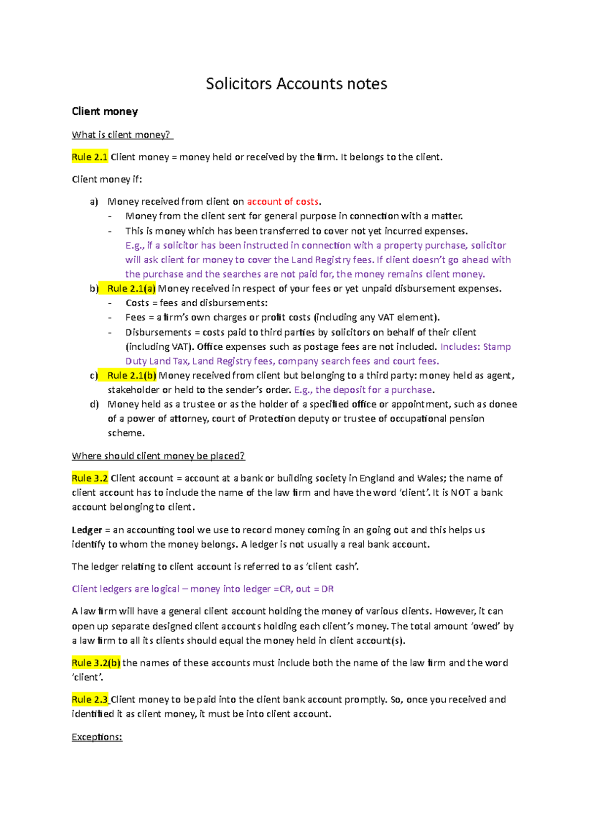 Solicitors Accounts notes - Solicitors Accounts notes Client money What ...