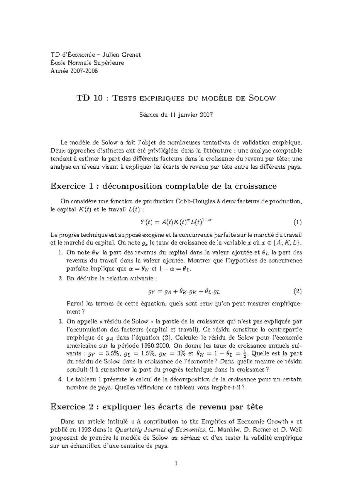 TD10 2 macro dynamique - TD d’Économie – Julien Grenet École Normale Supérieure Année 2007- TD ...