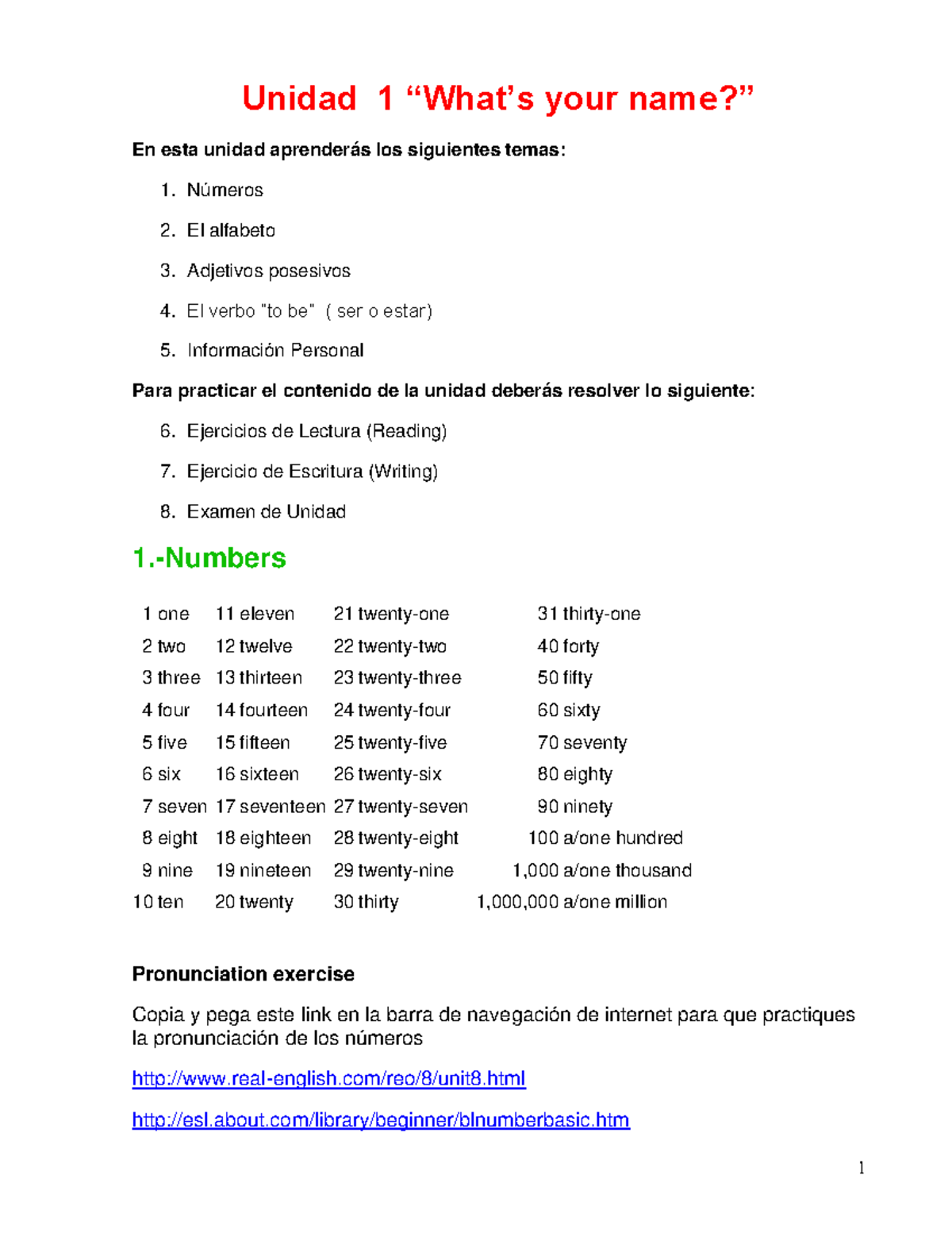 Unidad-1 - Ejercicios de inglés - Unidad 1 “What’s your name?” En esta ...