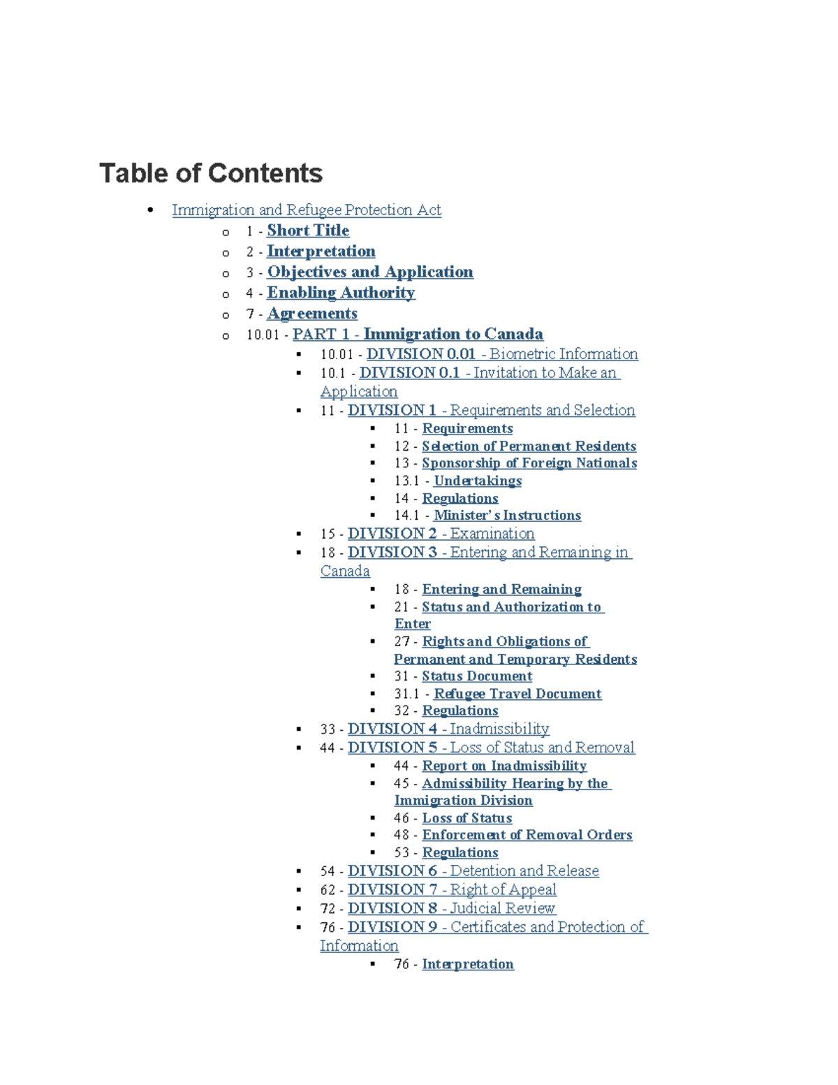 Major section of IRPA - Key area of IRPA - Table of Contents ...