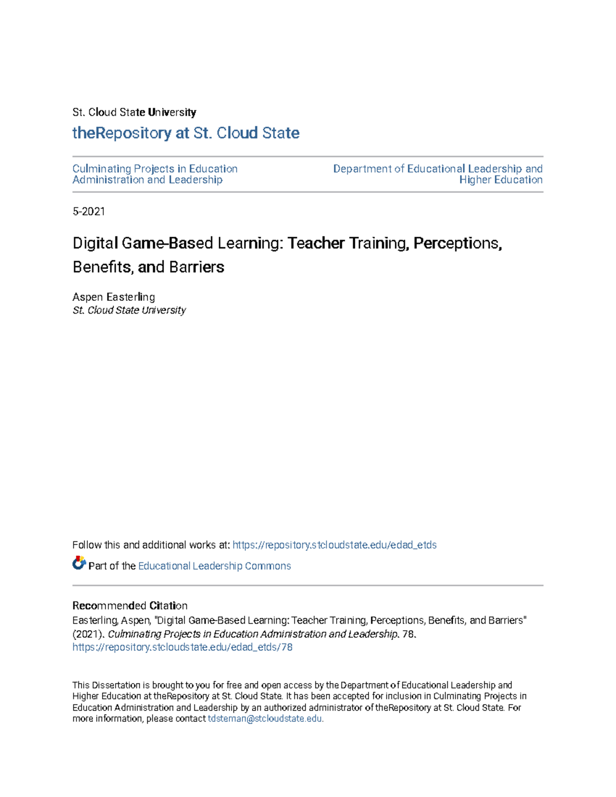 Digital Game-Based Learning Teacher Training Perceptions Benef - St ...