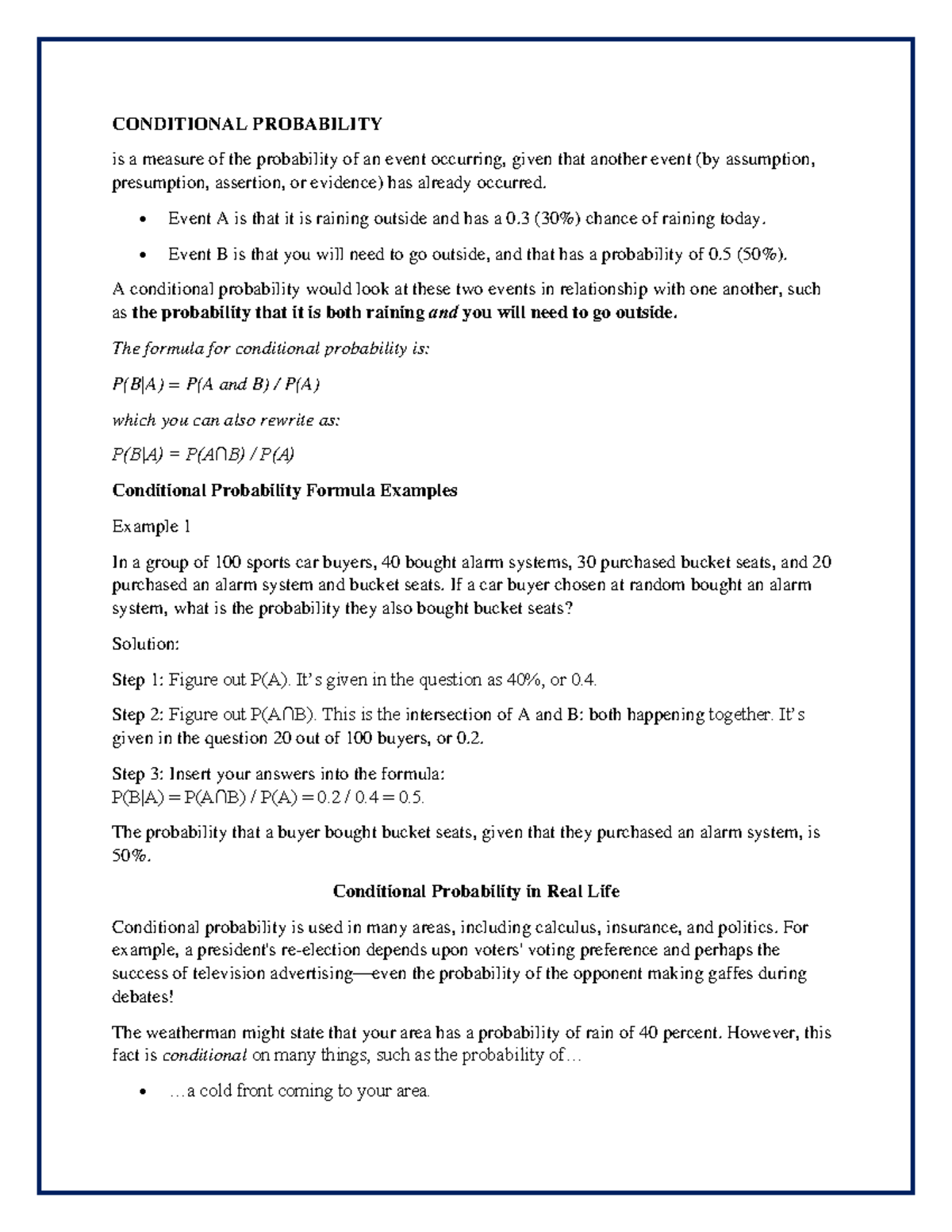 G16 - CONDITIONAL PROBABILITY - CONDITIONAL PROBABILITY is a measure of ...