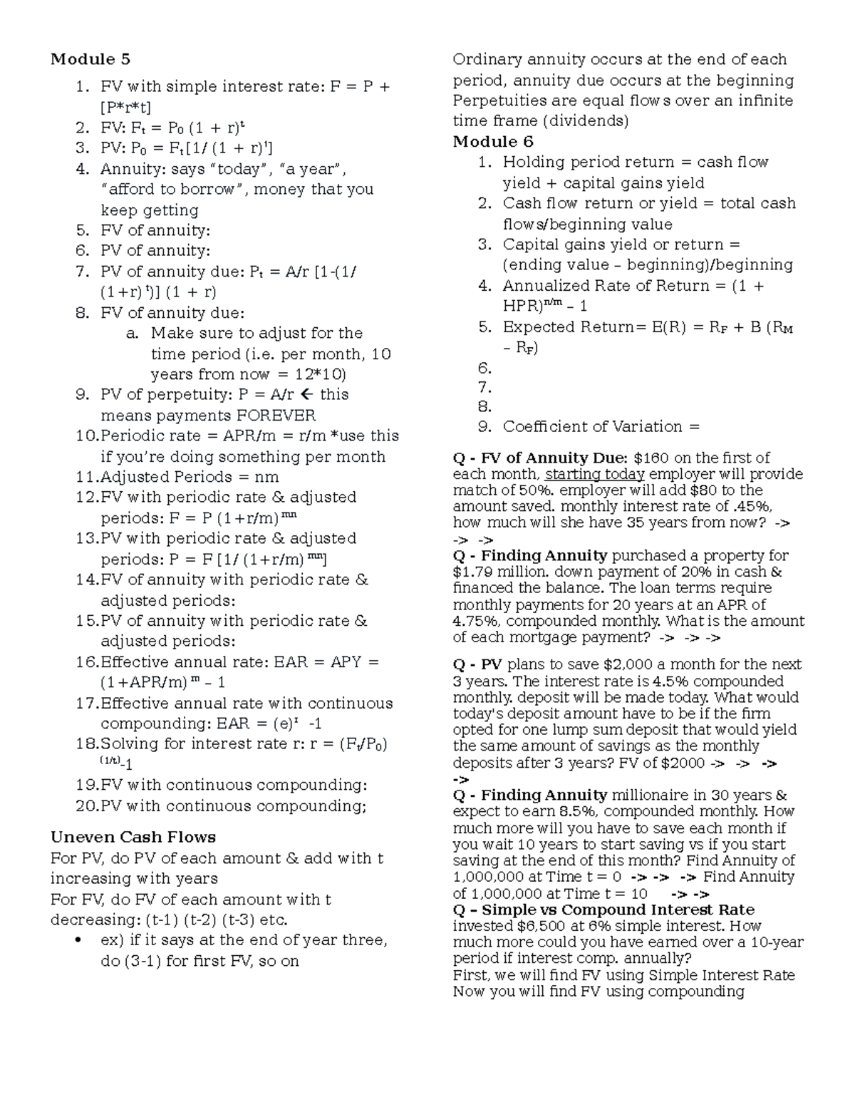 Exam 2 Formula Sheet - Module 5 1. FV with simple interest rate: F = P ...