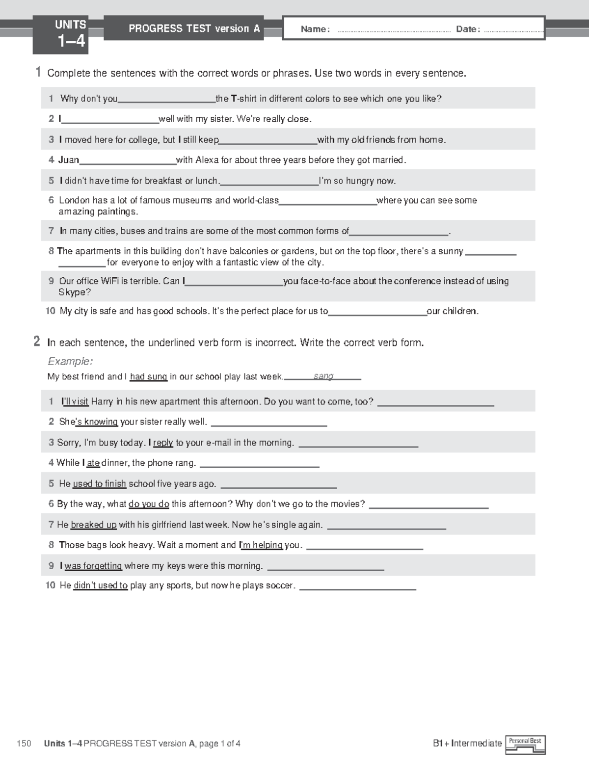 U1 - U4 Review - BÀI TẬP ÔN UNIT 1 ĐẾN 4 - 1 – 4 PROGRESS TEST version ...