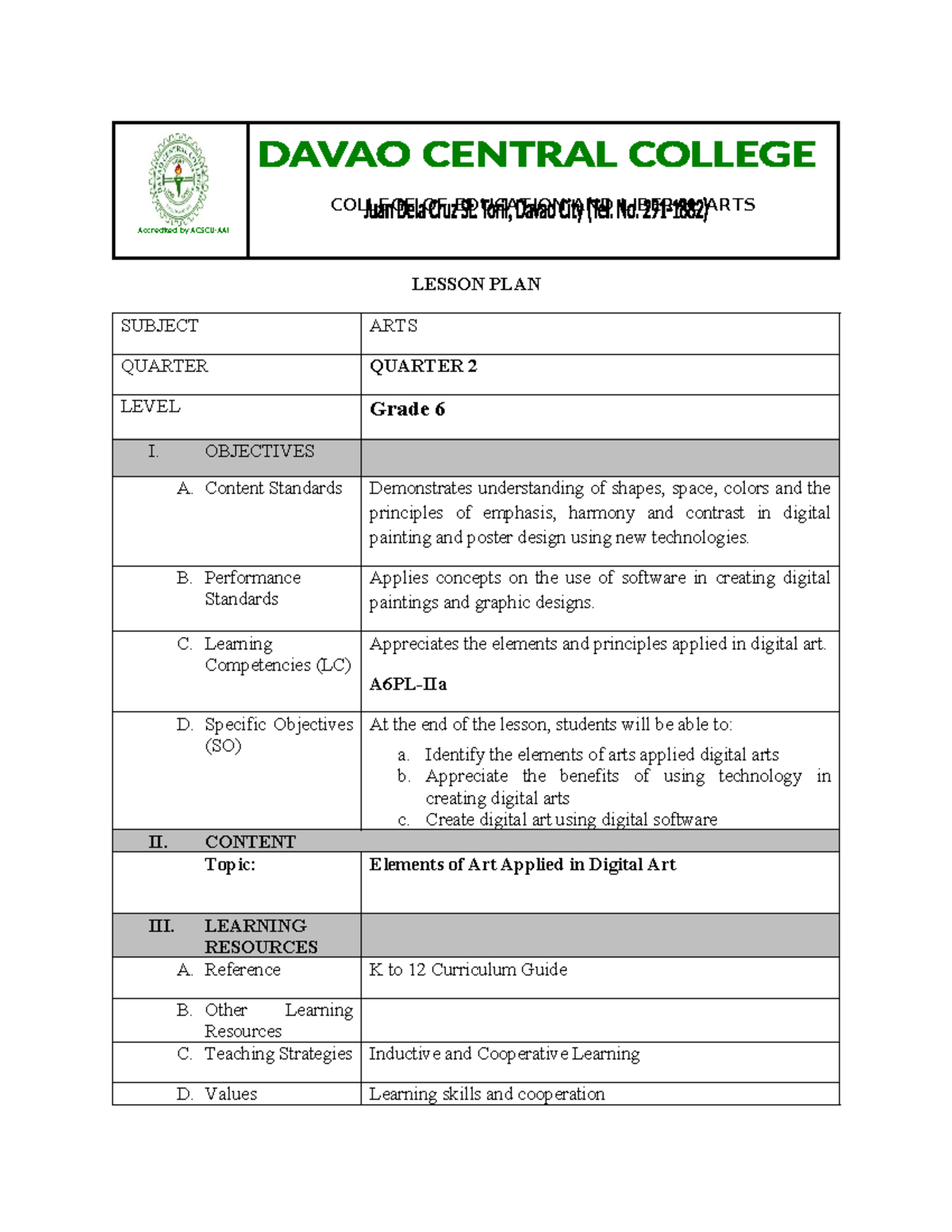 Digital ARTS LP 071029 - LESSON PLAN SUBJECT ARTS QUARTER QUARTER 2 ...