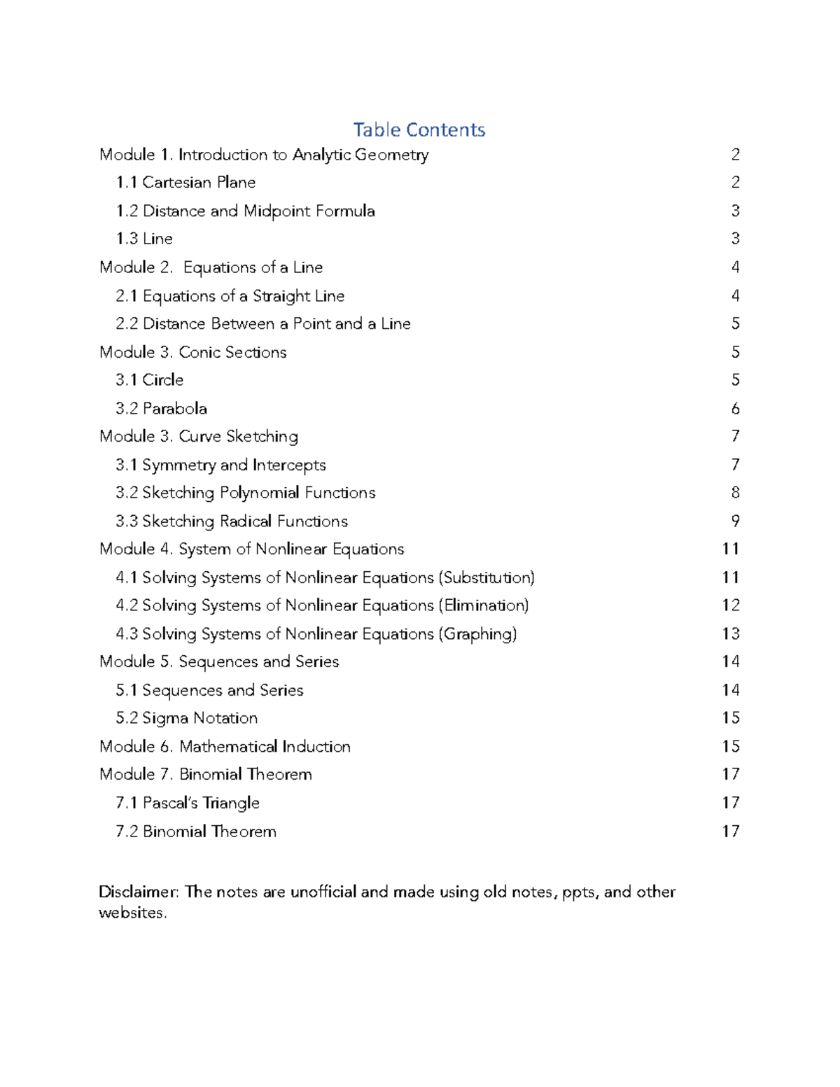 Pre Cal 1 Notes - Table Contents Disclaimer: The notes are unofficial ...