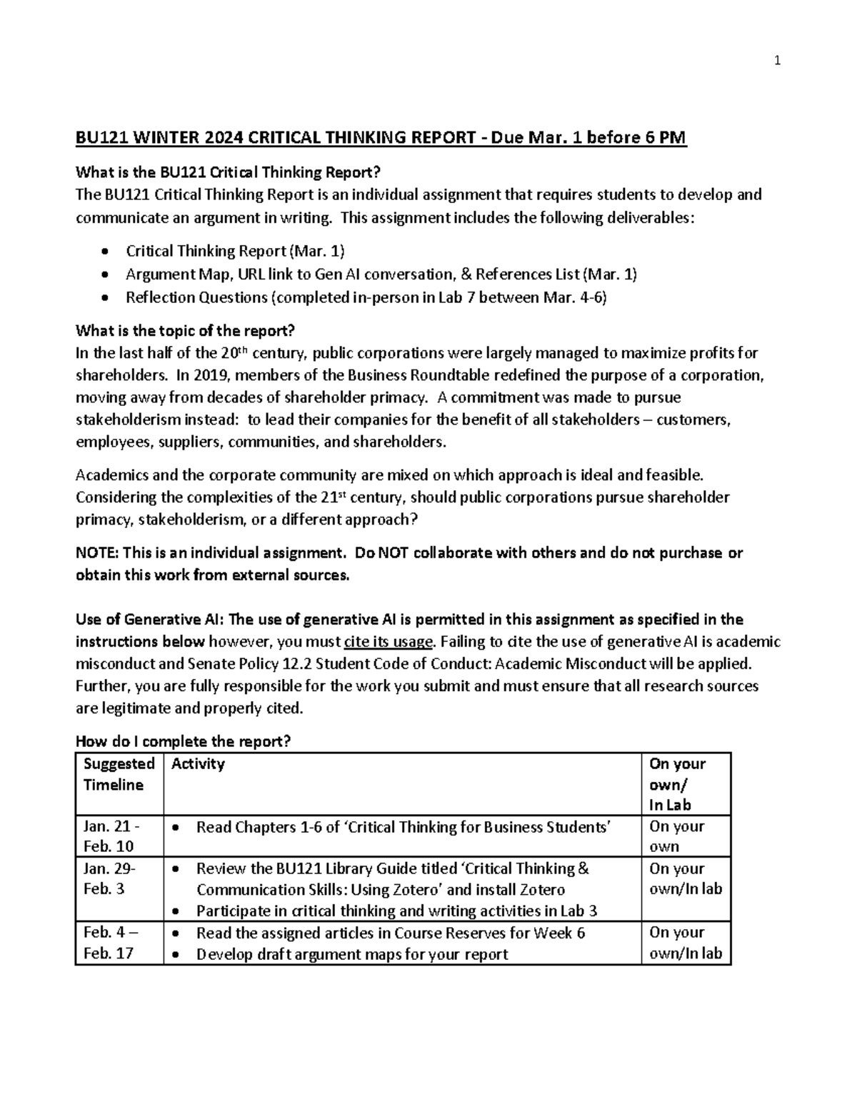 BU121 W24 Critical Thinking Report Instructions and Rubric FC - BU121 ...