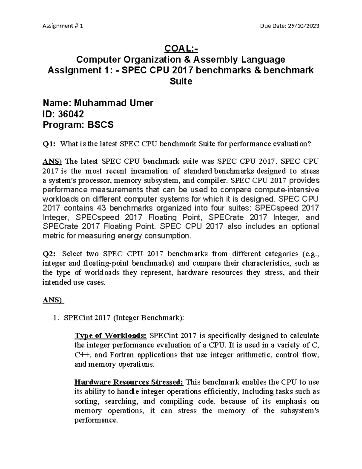 M Umer 36042 BSCS COAL Asmnt 1 SEPC CPU 2017 - COAL:- Computer Organization & Assembly Language ...