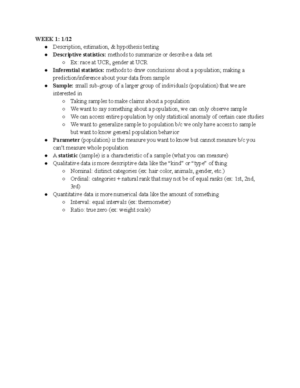 Week 1 Lecture Notes (Psych) - WEEK 1: 1/ Description, estimation ...