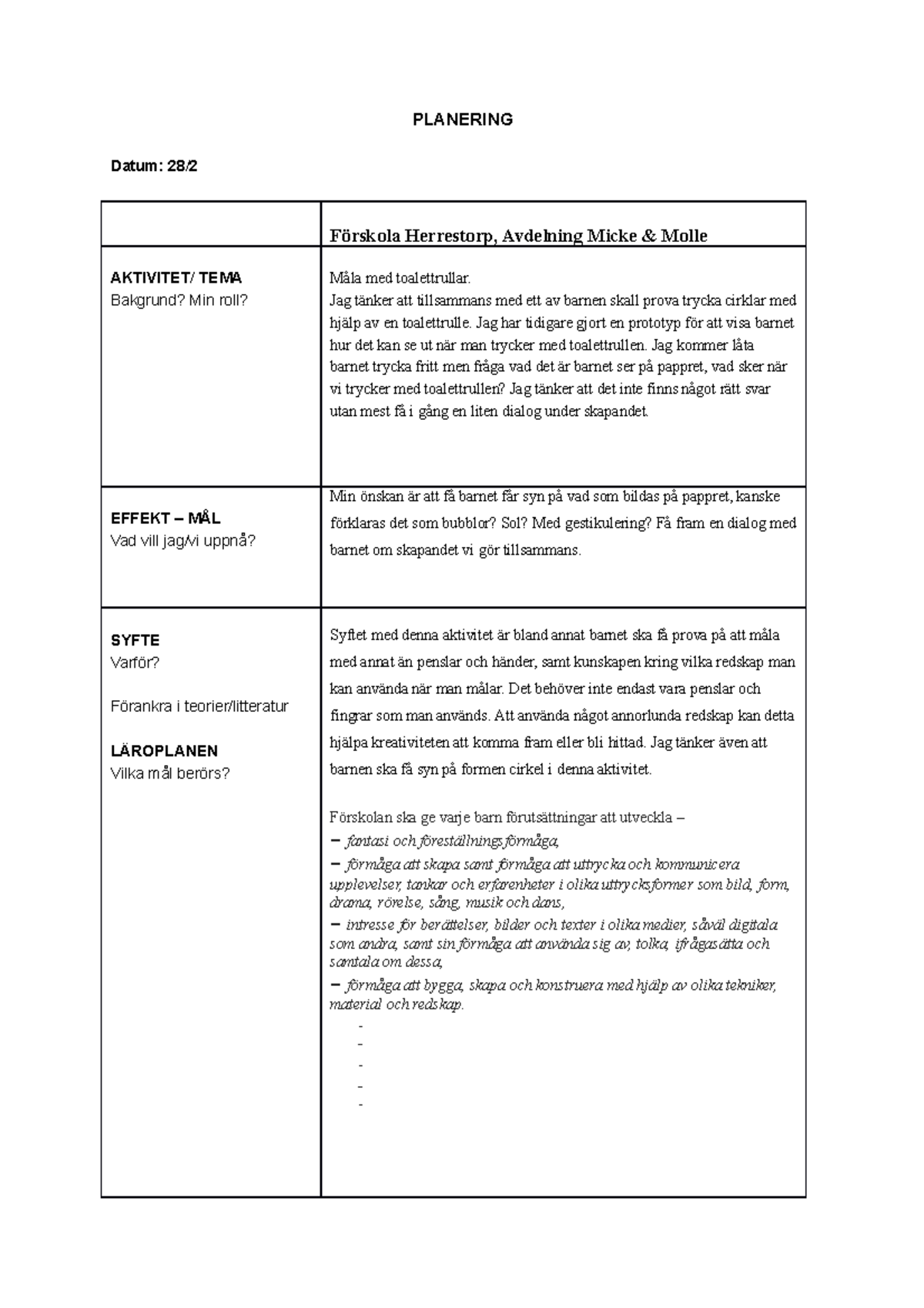 VFU Planeringsmall som stöd (2) - PLANERING Datum: 28/ Förskola Herrestorp, Avdelning Micke ...