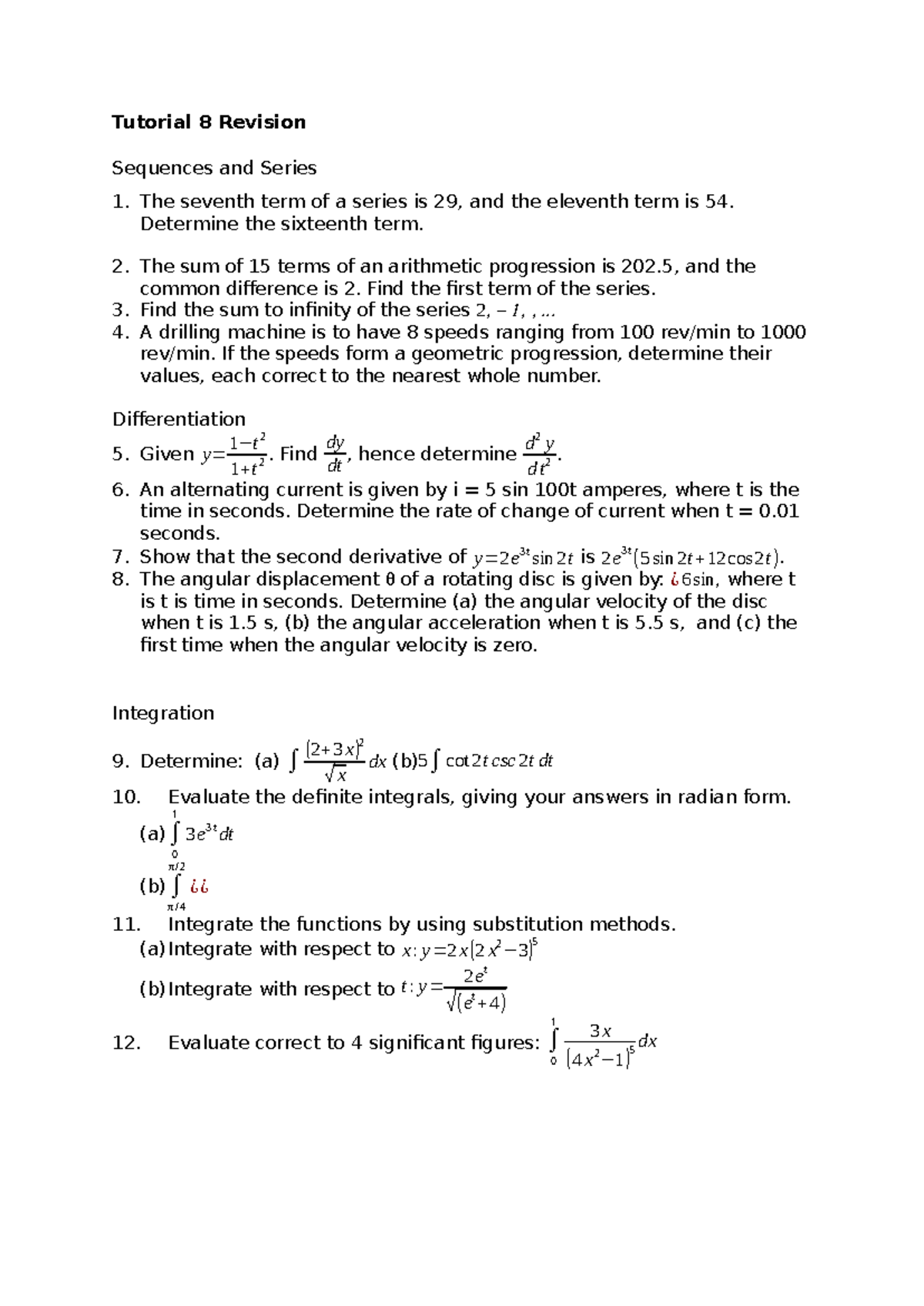 Tutorial 8 Revision Assignment For All Tutorial 8 Revision Sequences And Series The Seventh