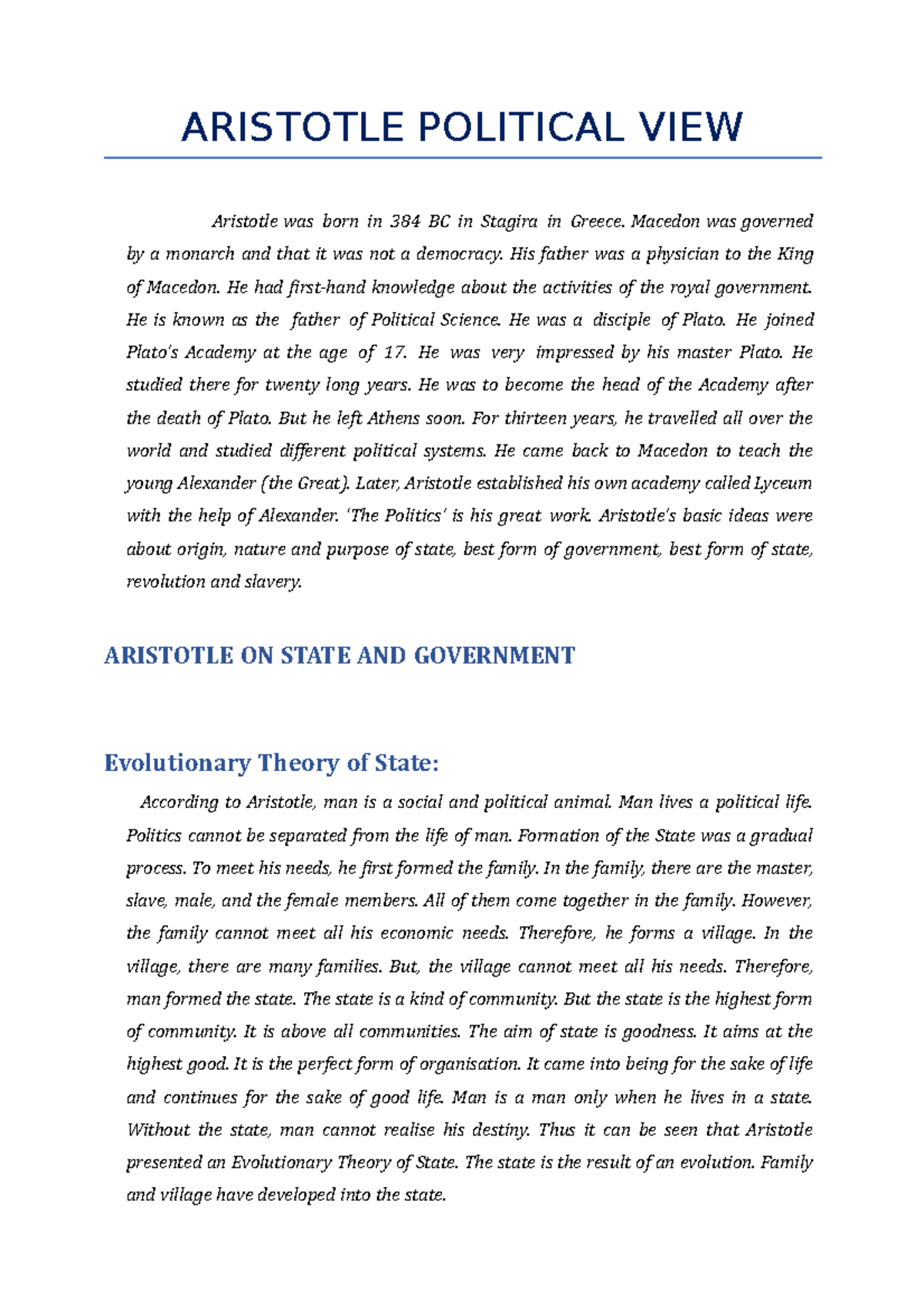 NOTE ON Aristotle Political VIEW - ARISTOTLE POLITICAL VIEW Aristotle ...