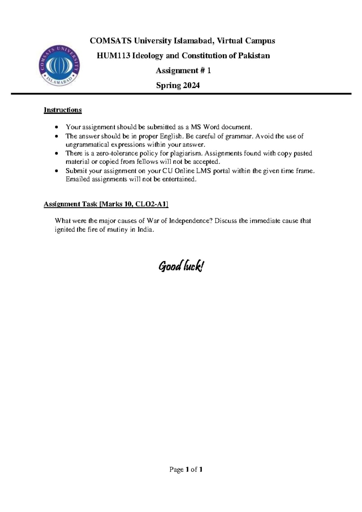 SP24 HUM113 Assign 1 ATD 2 - Page 1 of 1 COMSATS University Islamabad, Virtual Campus HUM 113 ...