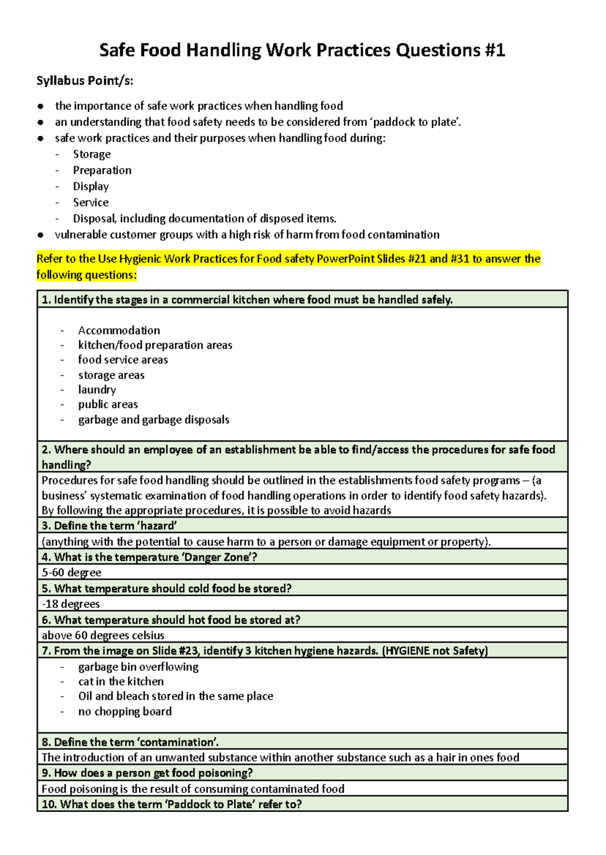 Safe Food Handling Work Practices Questions #1 - Safe Food Handling ...