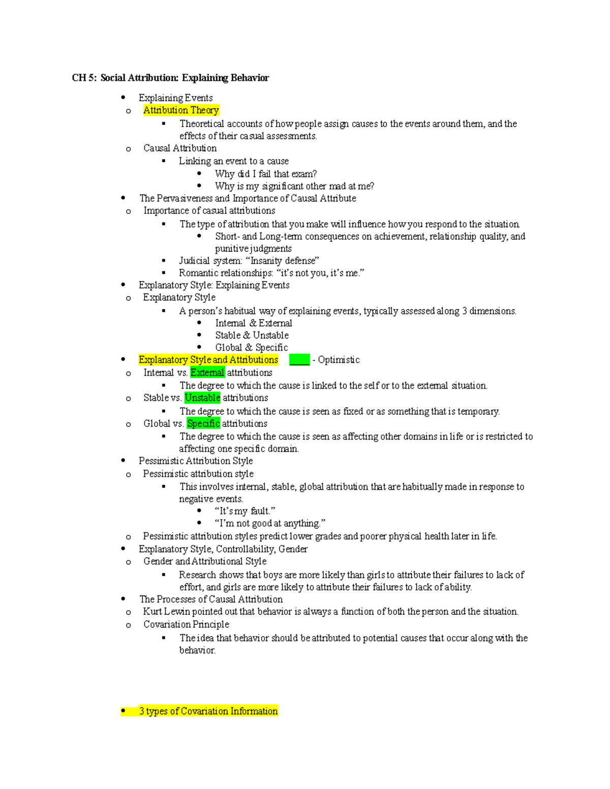 notes for lesson 5 - CH 5: Social Attribution: Explaining Behavior ...