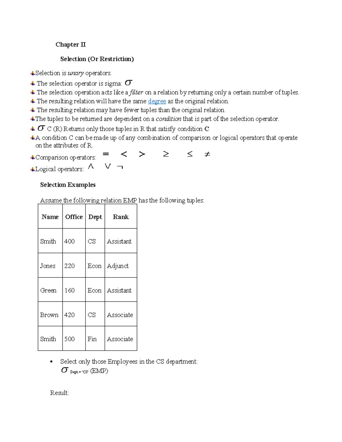 ADB Chapter two part I - advanced database - Chapter II Selection (Or ...
