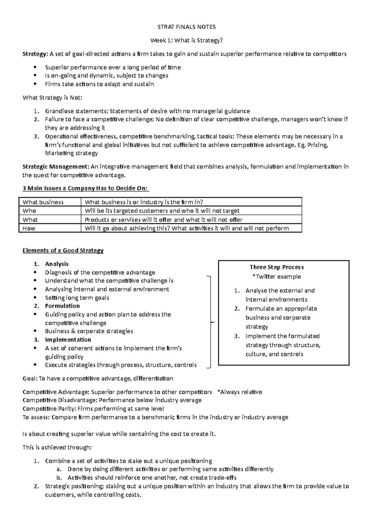 Strat Finals Notes - STRAT FINALS NOTES Week 1: What is Strategy ...