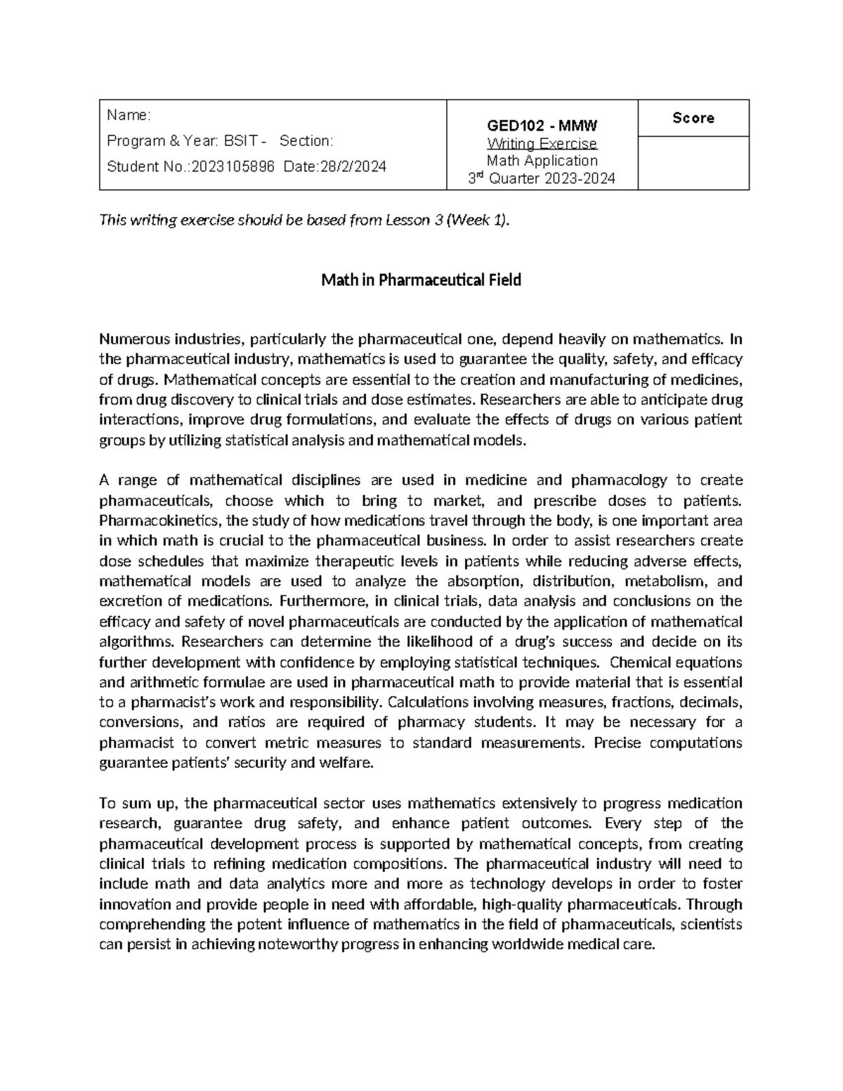 Wk1 Writing Exercise Template - Name: Program & Year: BSIT - Section ...