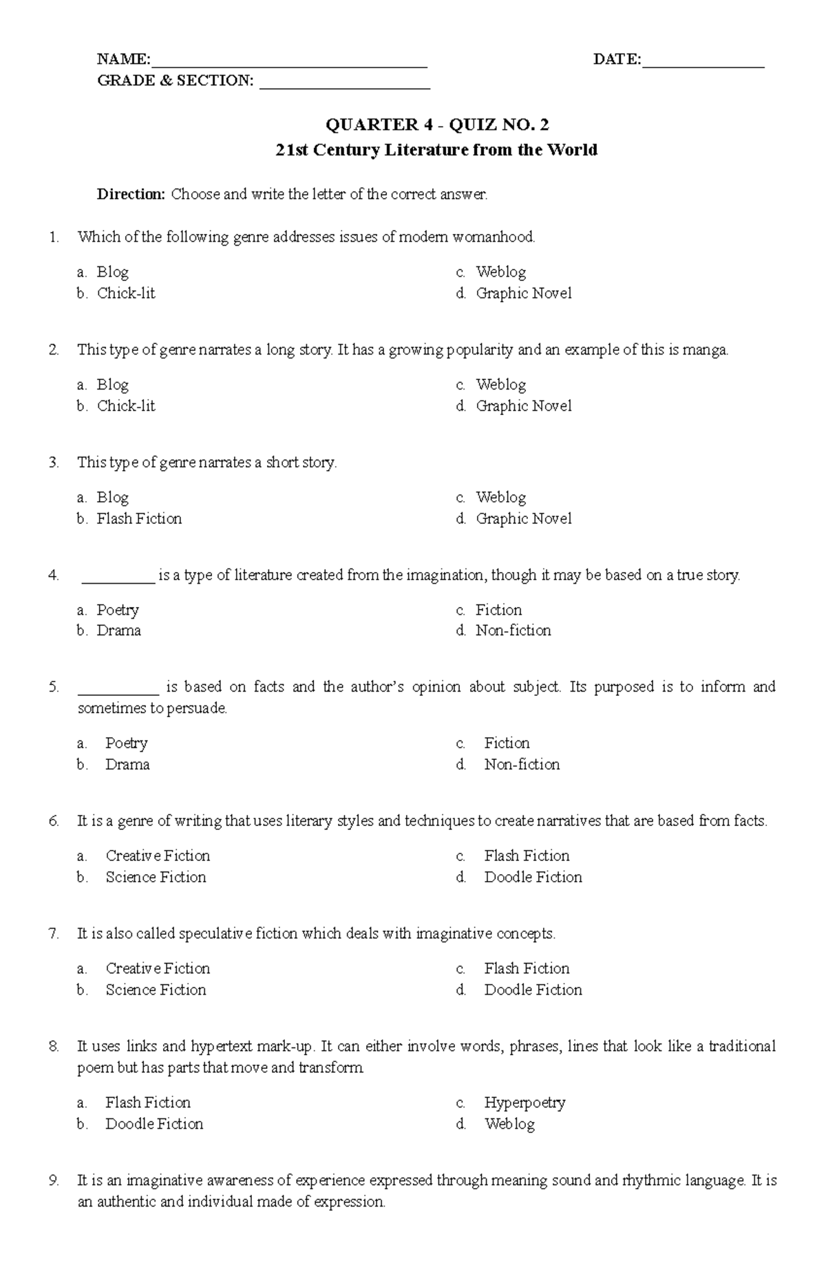 Q4 Quiz 2 - 21st Literary Genres - NAME ...