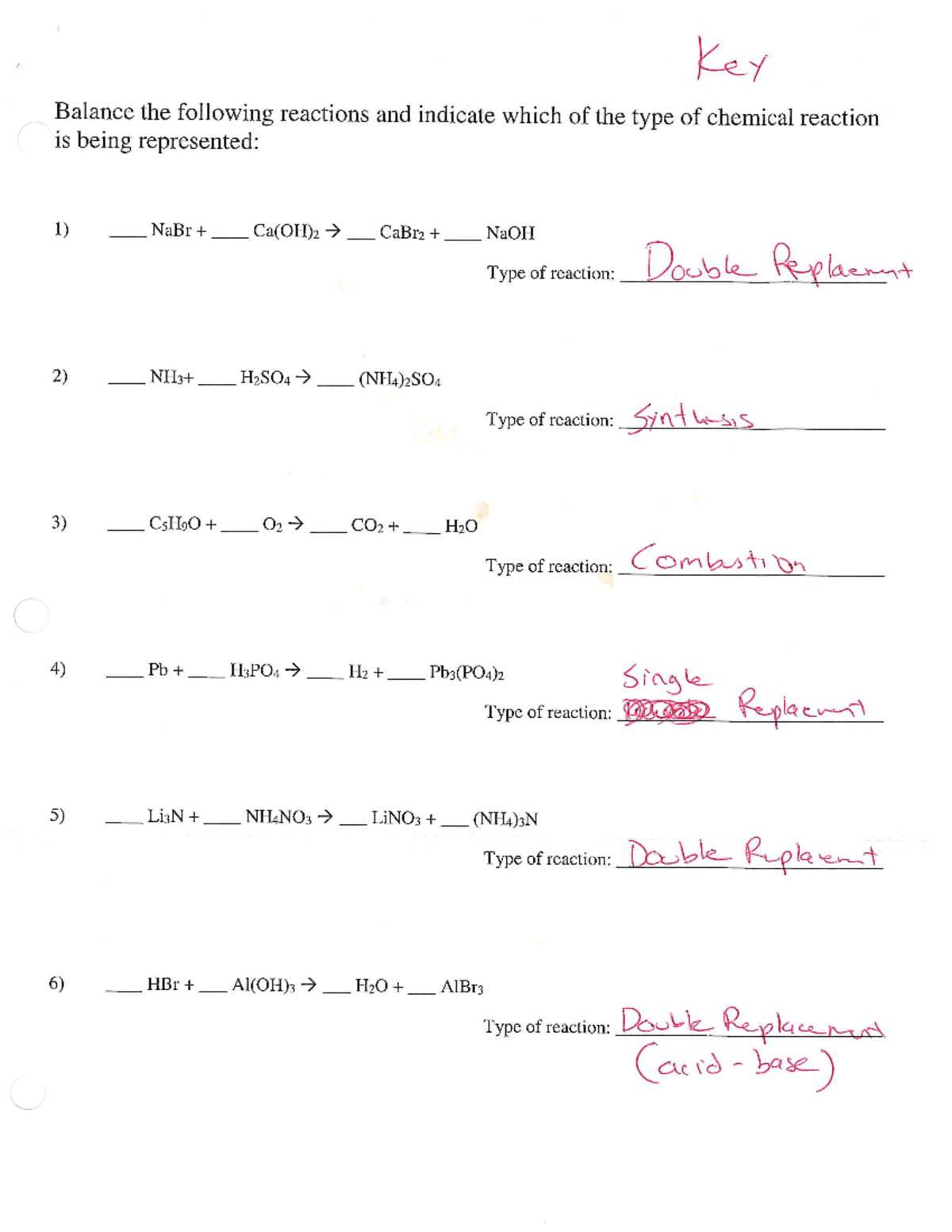 Predicting Products of Chemical Reactions Big WS KEY - NURSING 402 ...