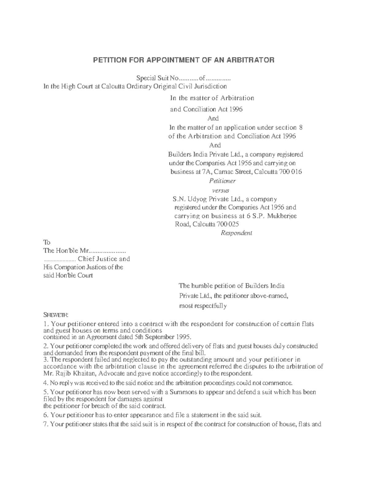 Petition for Appointment of an Arbitrator Arbitration & Award 1201 ...