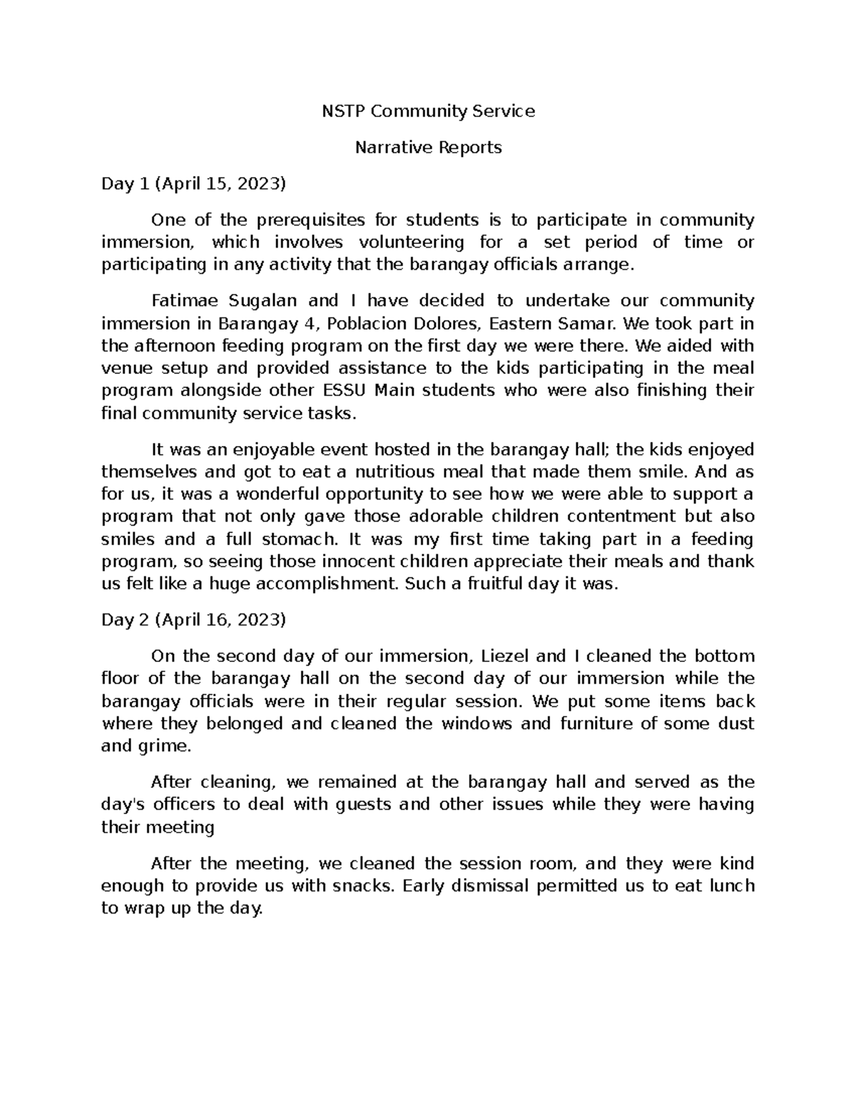 Narrative - Goodluck - NSTP Community Service Narrative Reports Day 1 ...