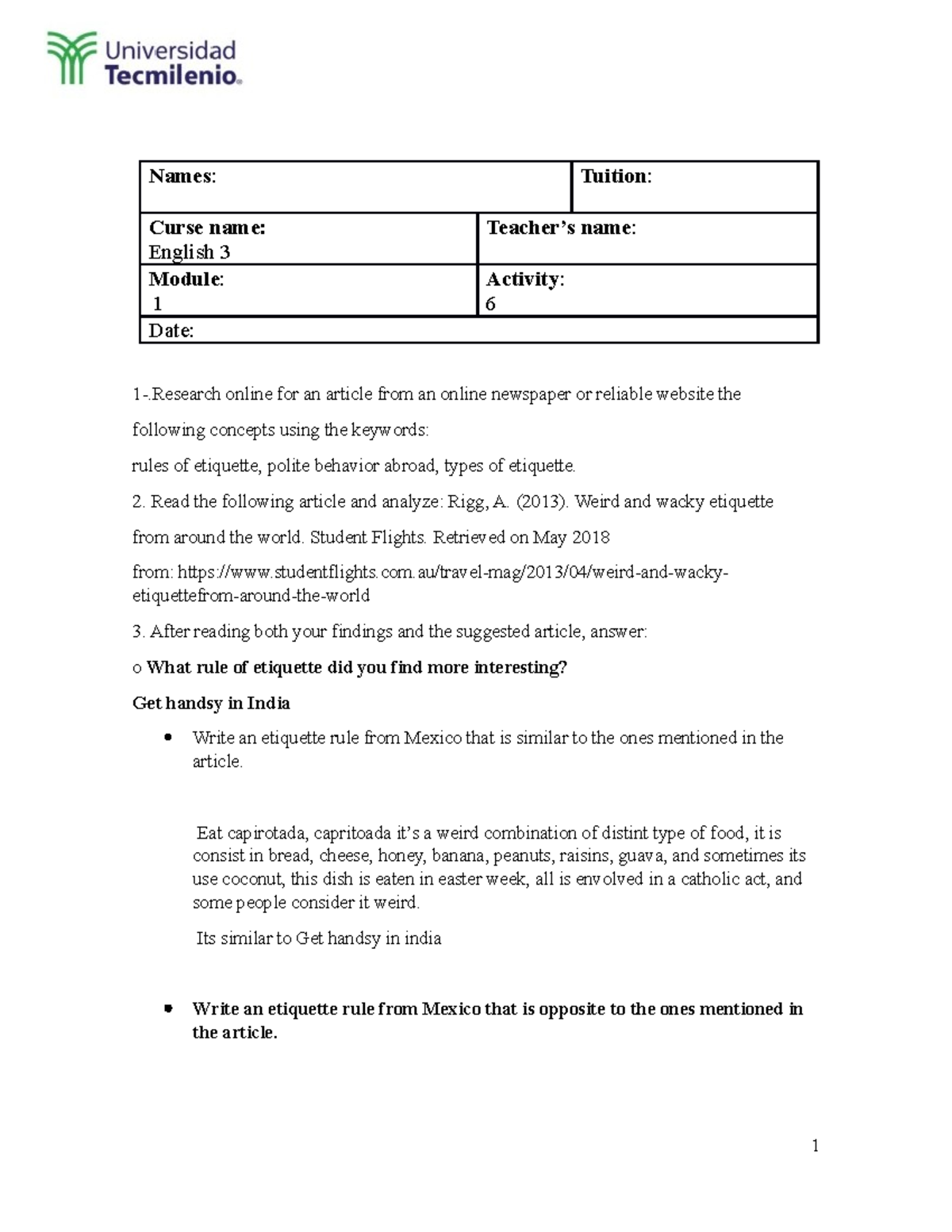 Activity 6 English 3 - Names: Tuition: Curse name: English 3 Teacher’s ...